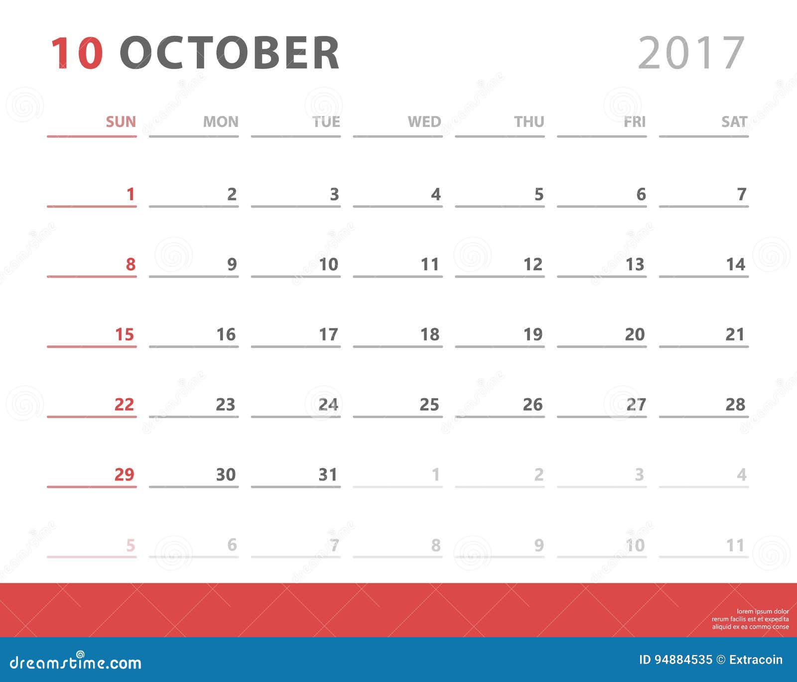 Calendar Planner 2017 October, Week Starts Sunday, Vector Design ...