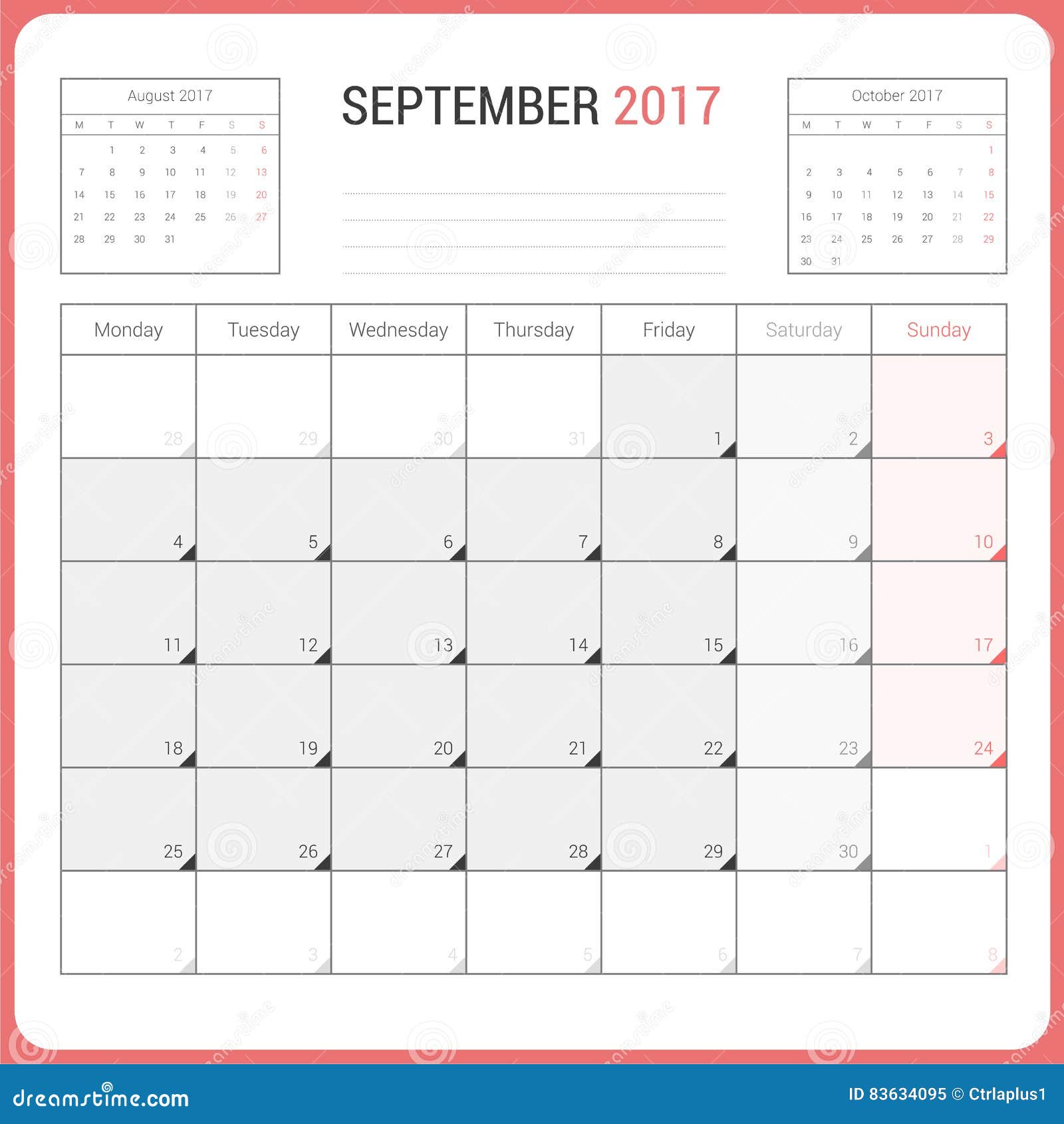 Calendar Planner for September 2017 Vector Design Template Stationary ...