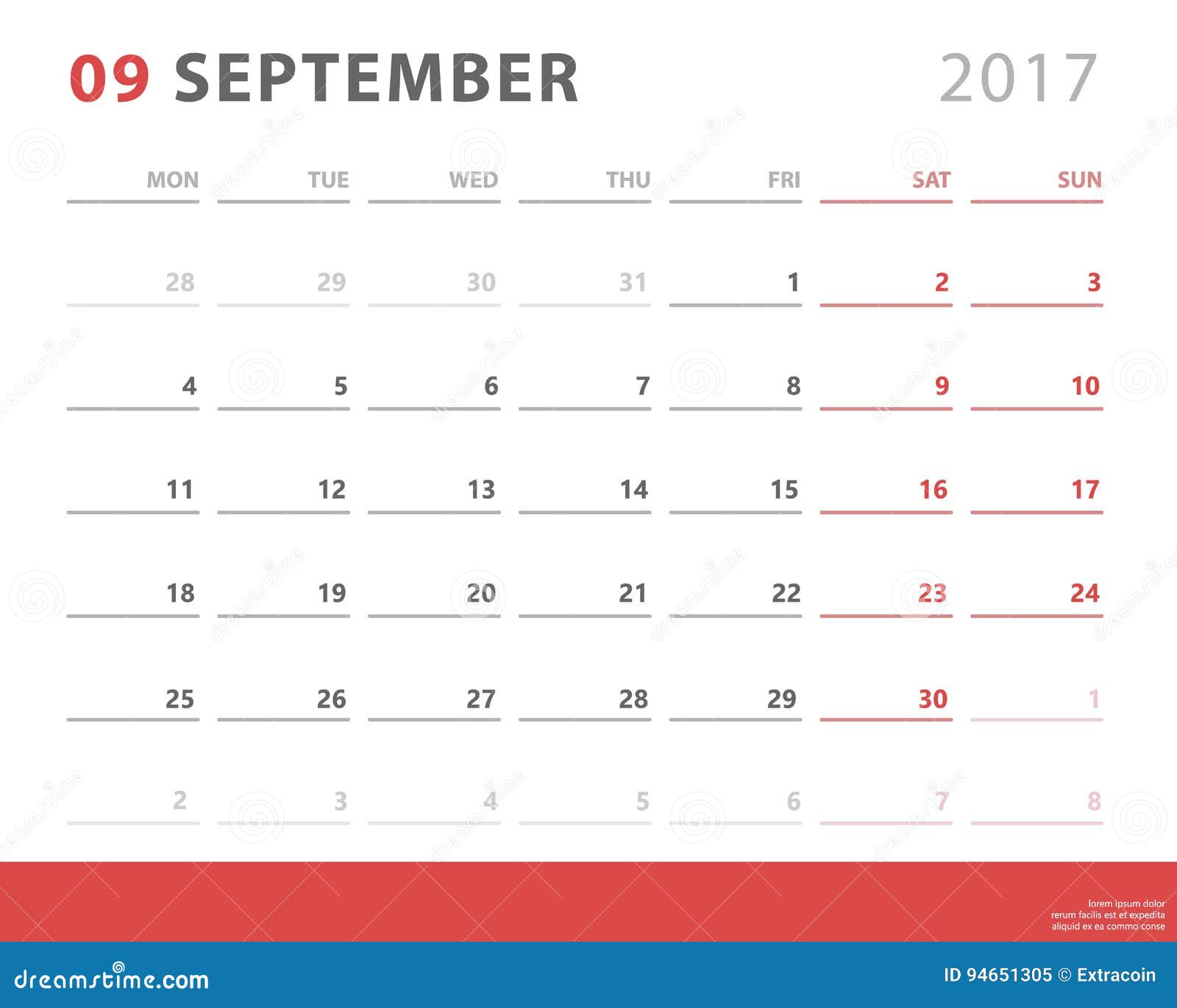 Calendar Planner 2017 September, Week Starts Monday, Vector Design ...