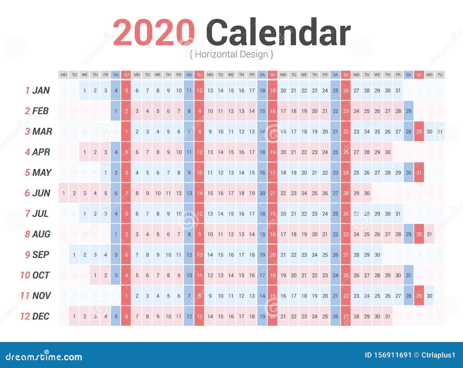 Calendar 2020 Planner Simple Style. Horizontal Vector Design Stock ...