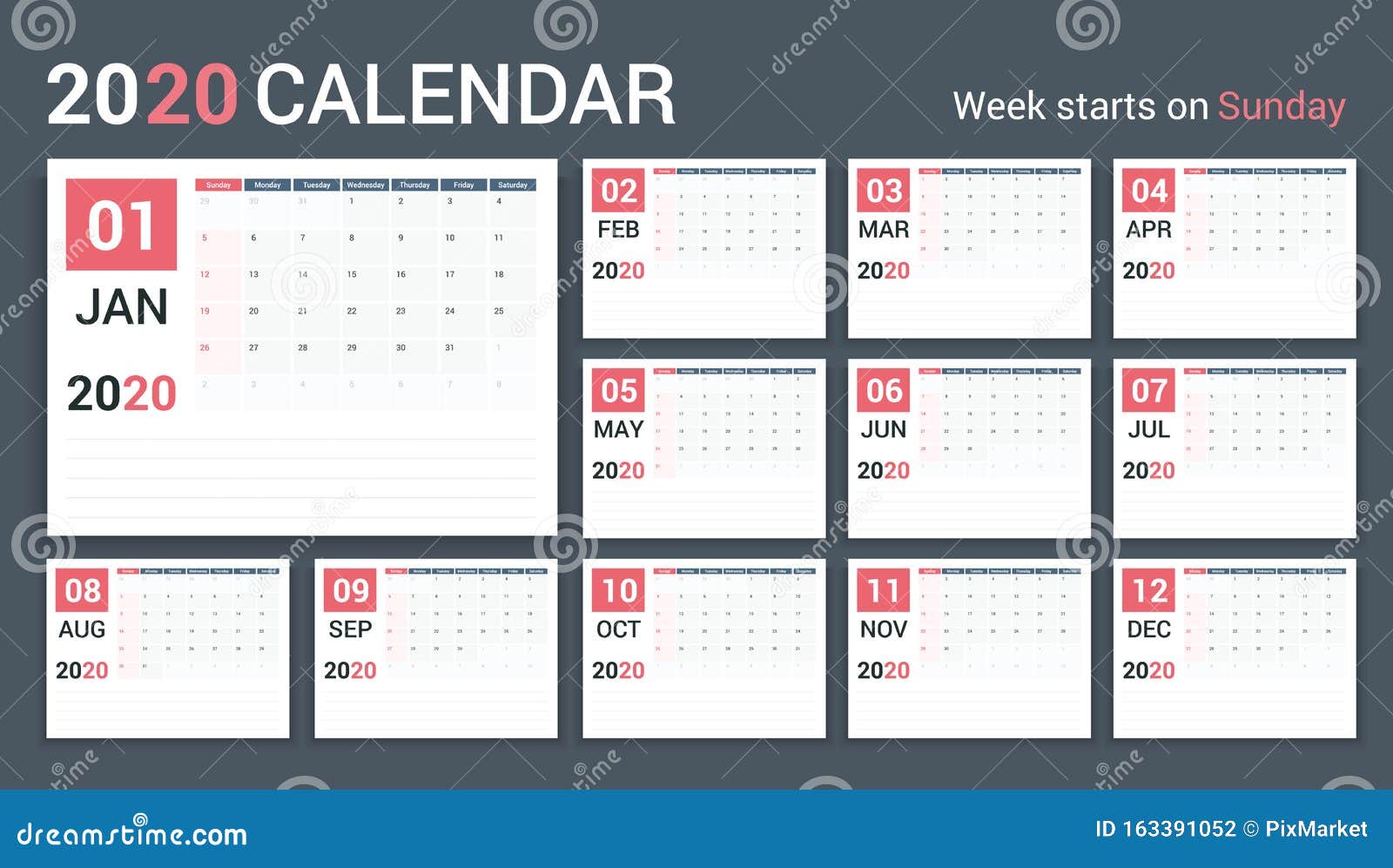 2020 Calendar - Planner stock vector. Illustration of vector - 163391052