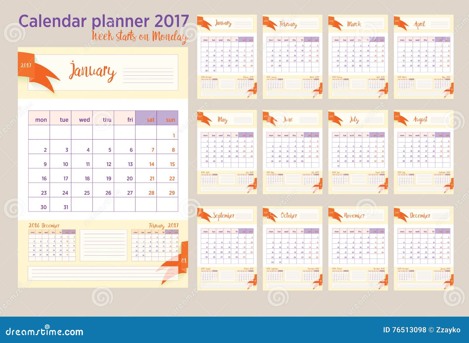 2017 Calendar Planner Week Starts on Monday Stock Illustration ...