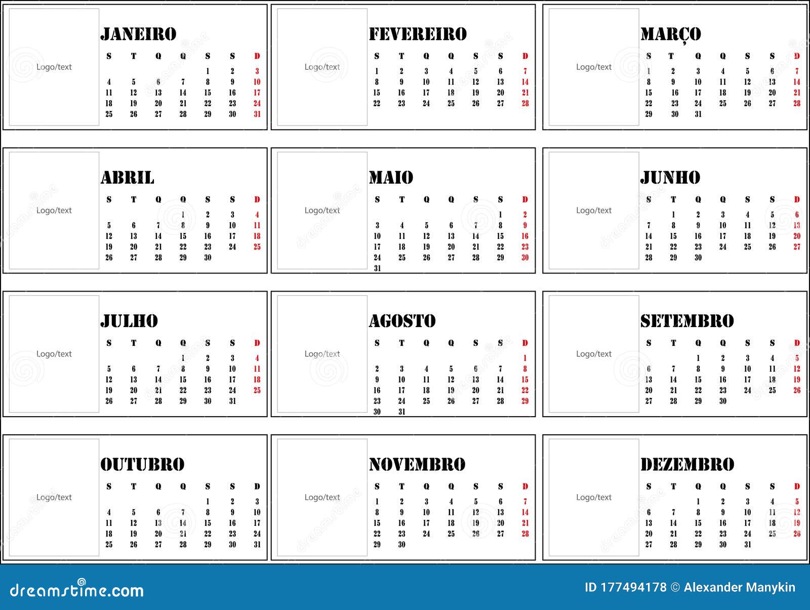 Simple Calendar for 2021 in Portuguese Stock Vector - Illustration of ...