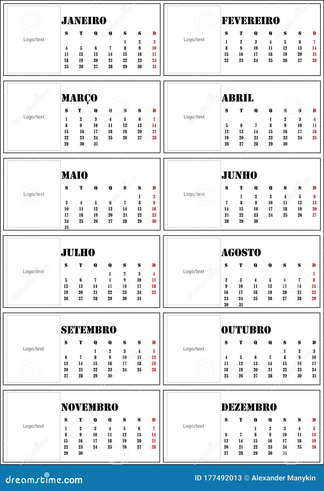 Simple Calendar for 2021 in Portuguese Stock Vector - Illustration of ...