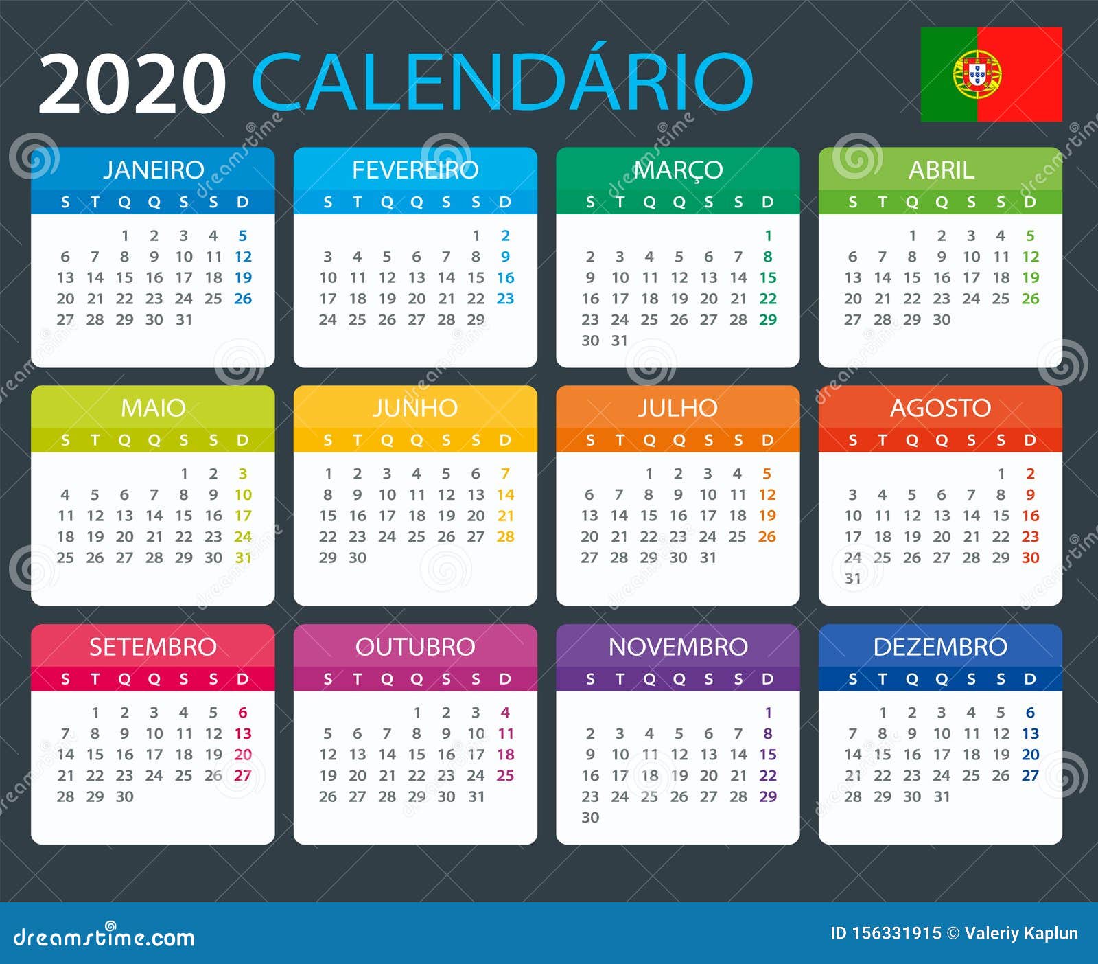 2020 Calendar Portuguese - Vector Illustration Stock Illustration ...