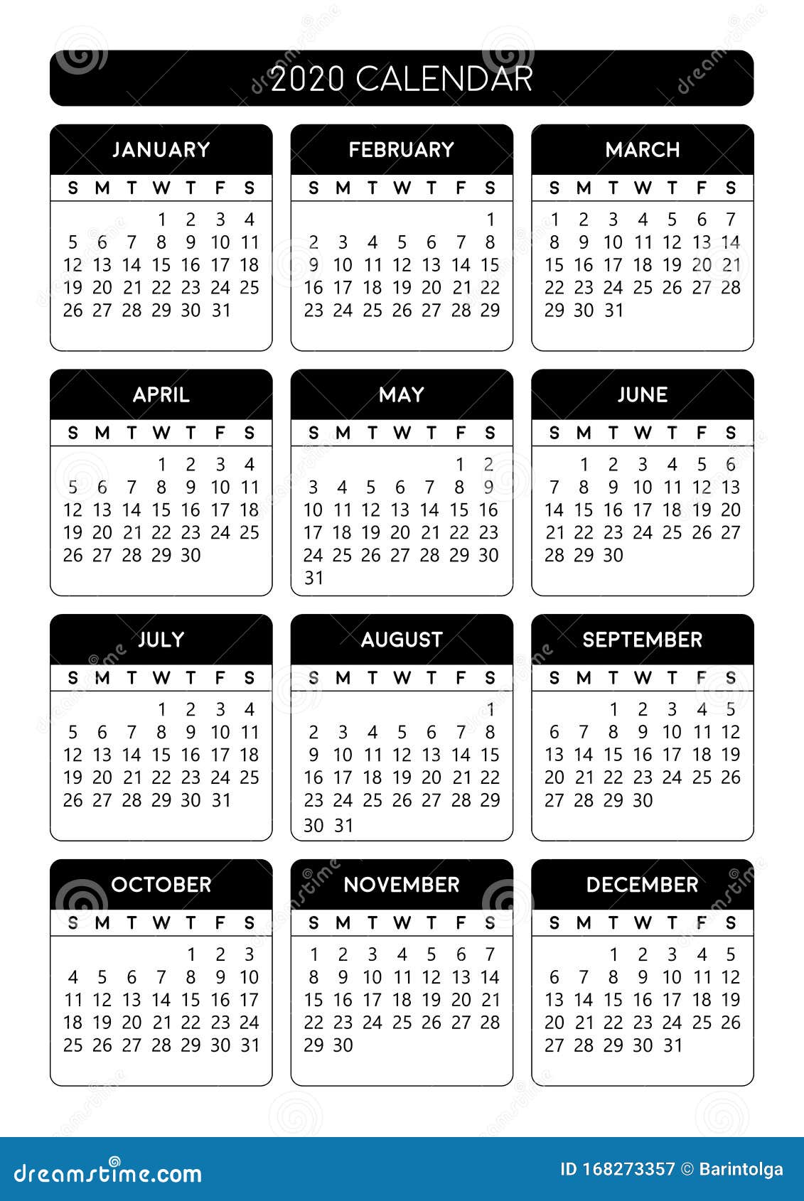 2020 Calendar. Printable A4 Size 2020 Calendar. Stock Vector ...