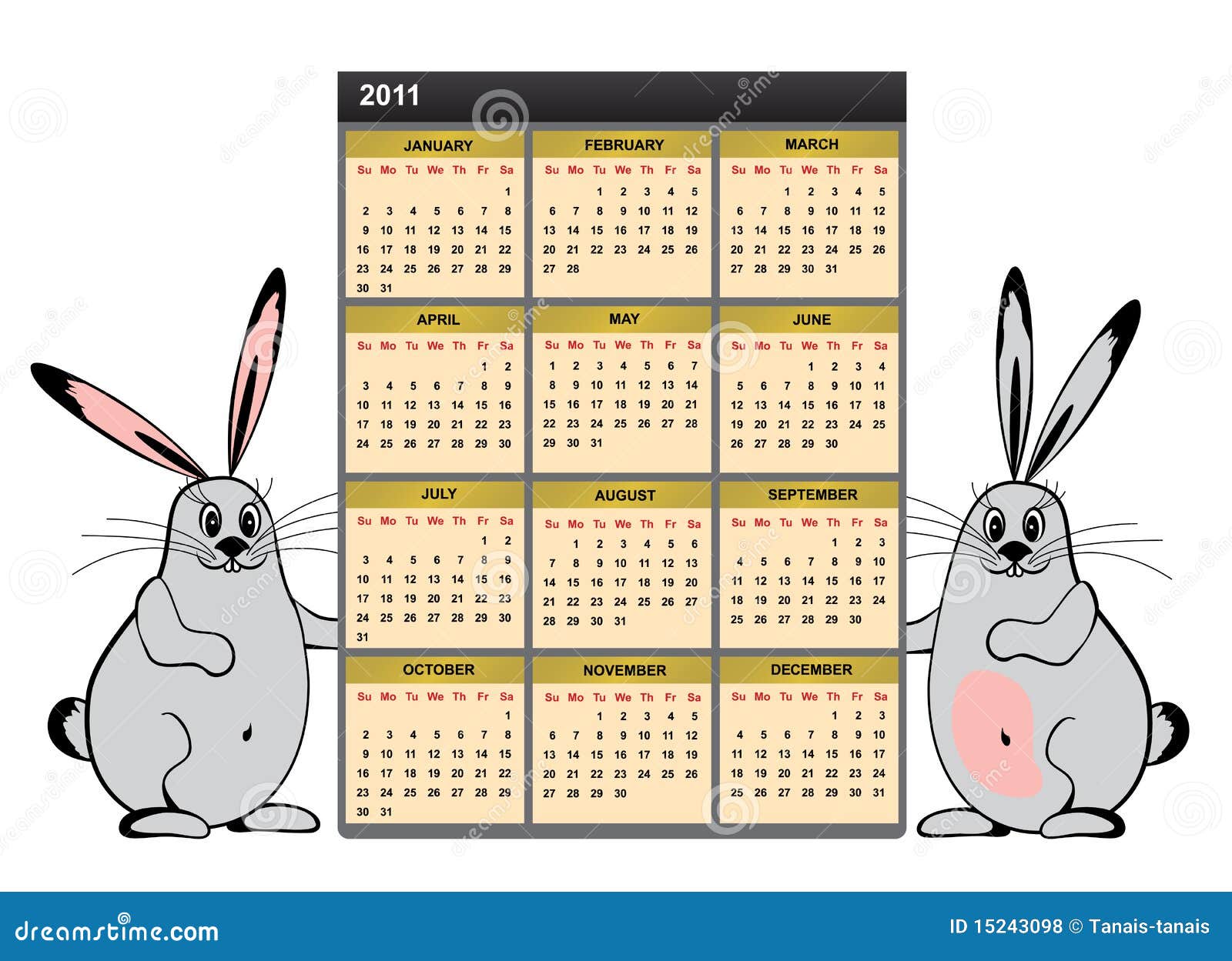 Calendar with rabbits stock vector. Illustration of sign - 15243098