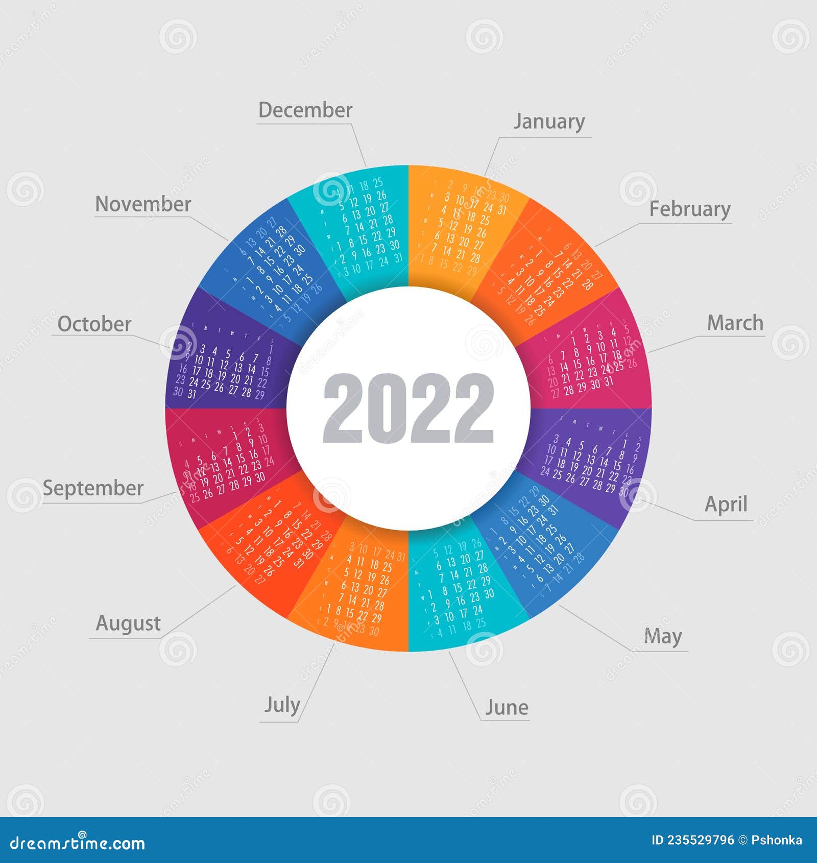 Calendar 2022 Round Shape. Week Starts from Sunday Stock Vector ...