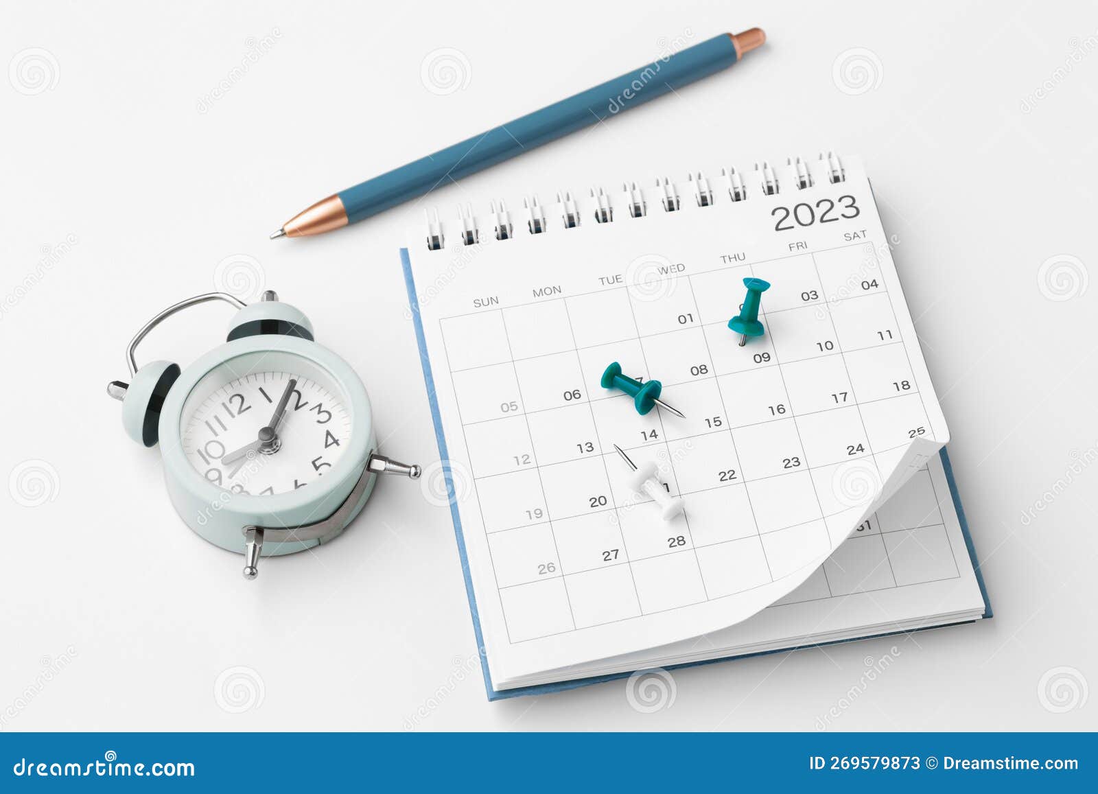Calendar Scheduling and Planning with Blue Pin and Clock Stock Image ...