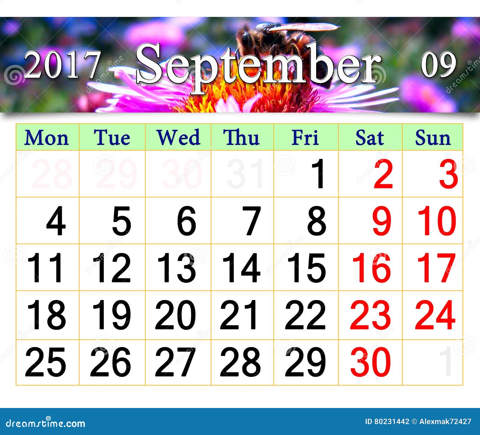 Calendar for September 2017 with Bee on the Pink Aster Stock Photo ...