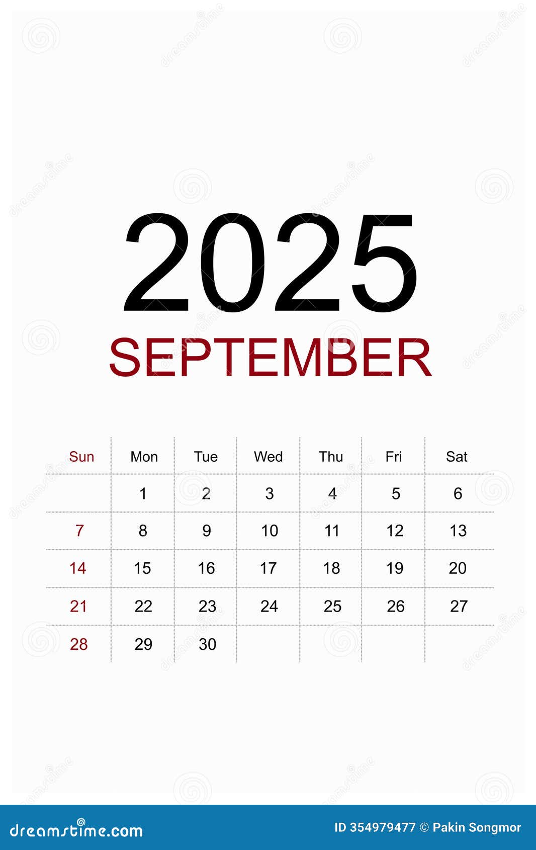 Calendar September 2025 Flat Style Isolated on White Background Stock ...