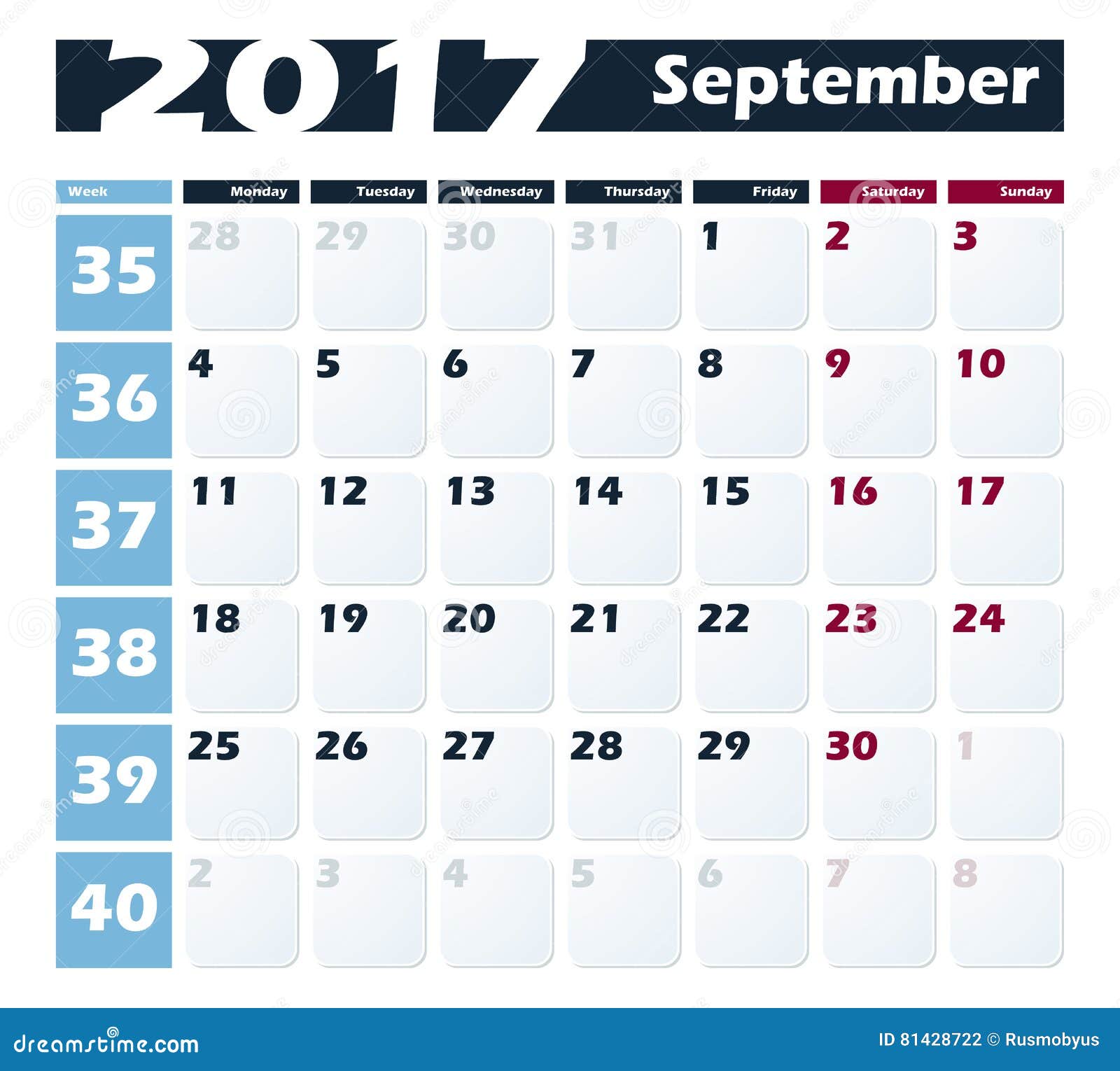 Calendar 2017 September Vector Design Template. Week Starts with Monday ...