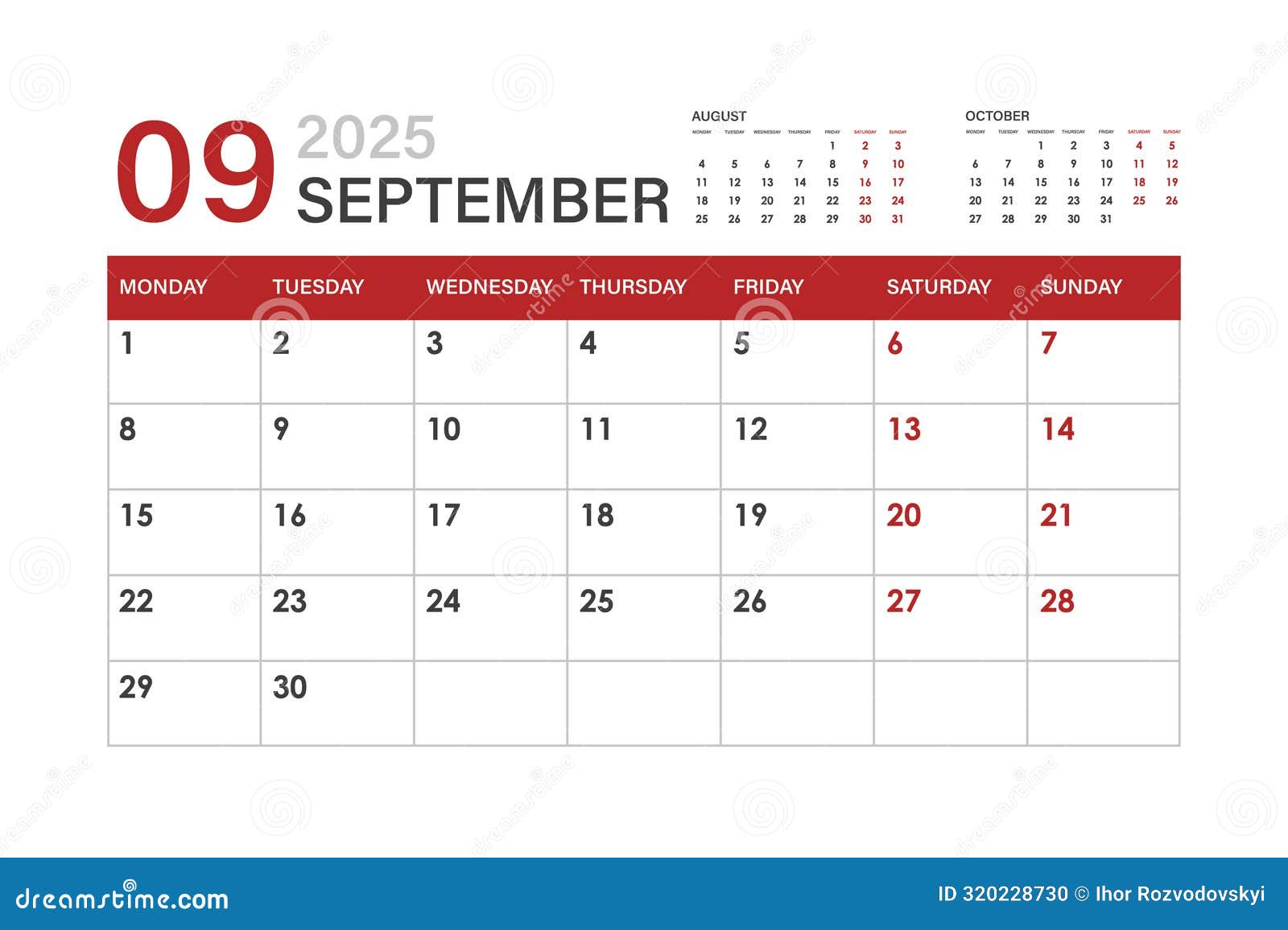 Calendar for September 2025. the Week Starts on Monday. Stock Vector ...