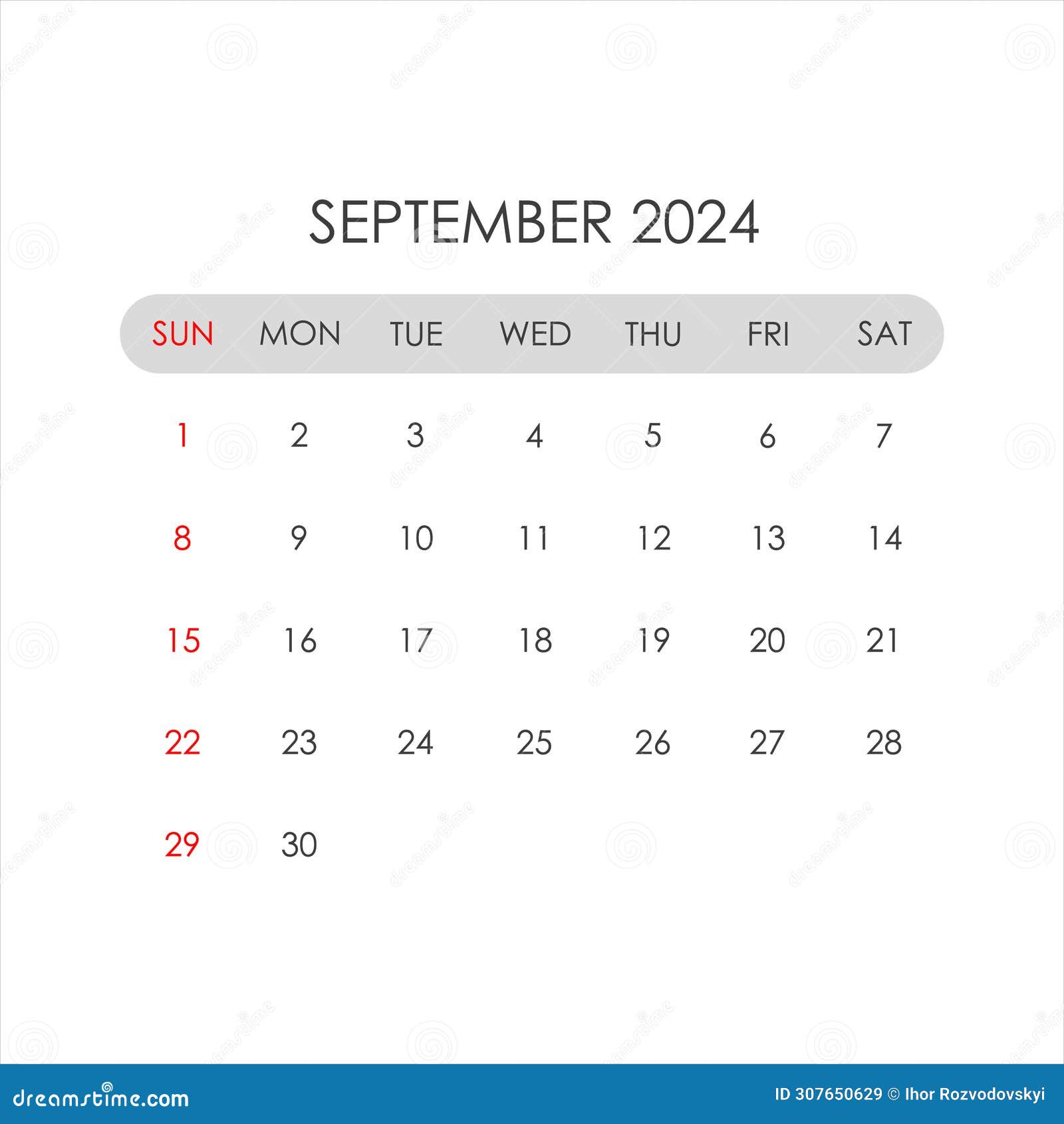 Calendar for September 2024. the Week Starts on Sunday. Stock Vector ...