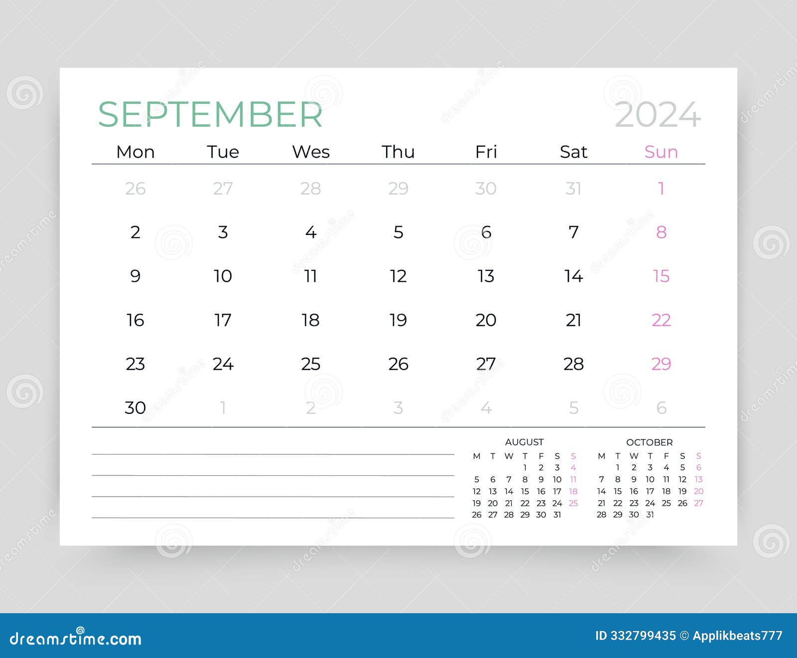 Calendar for September 2024 Year. Planner Calender Template. Week ...