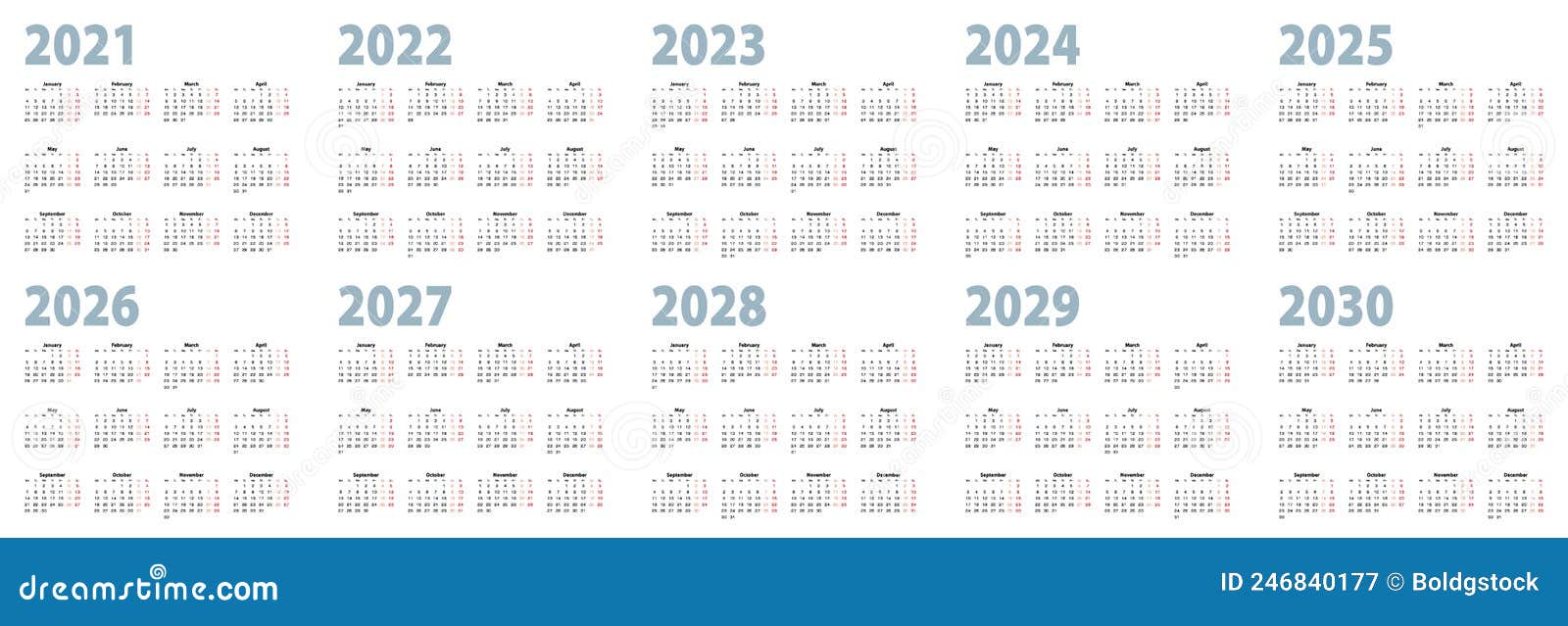 Calendar Set in Basic Design for 2021, 2022, 2023, 2024, 2025, 2026 ...