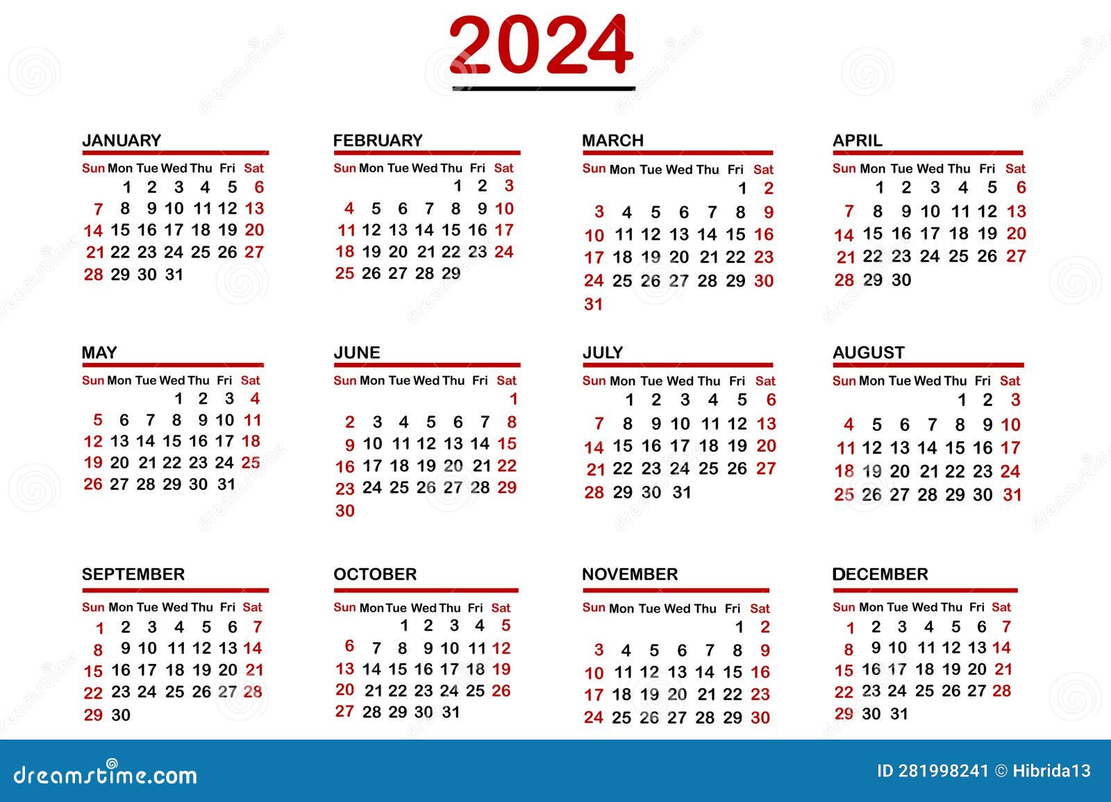 2024 Calendar Template In White Background Vector Illustration ...