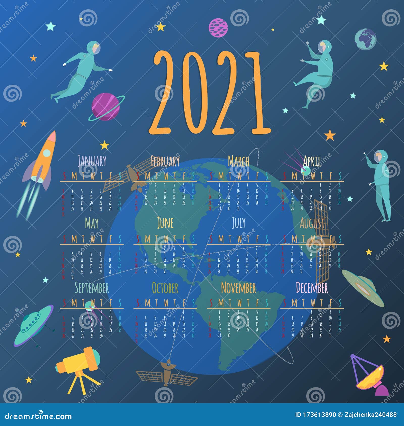 Calendar about Space. People in Arbit of the Earth 2021. Colorful ...