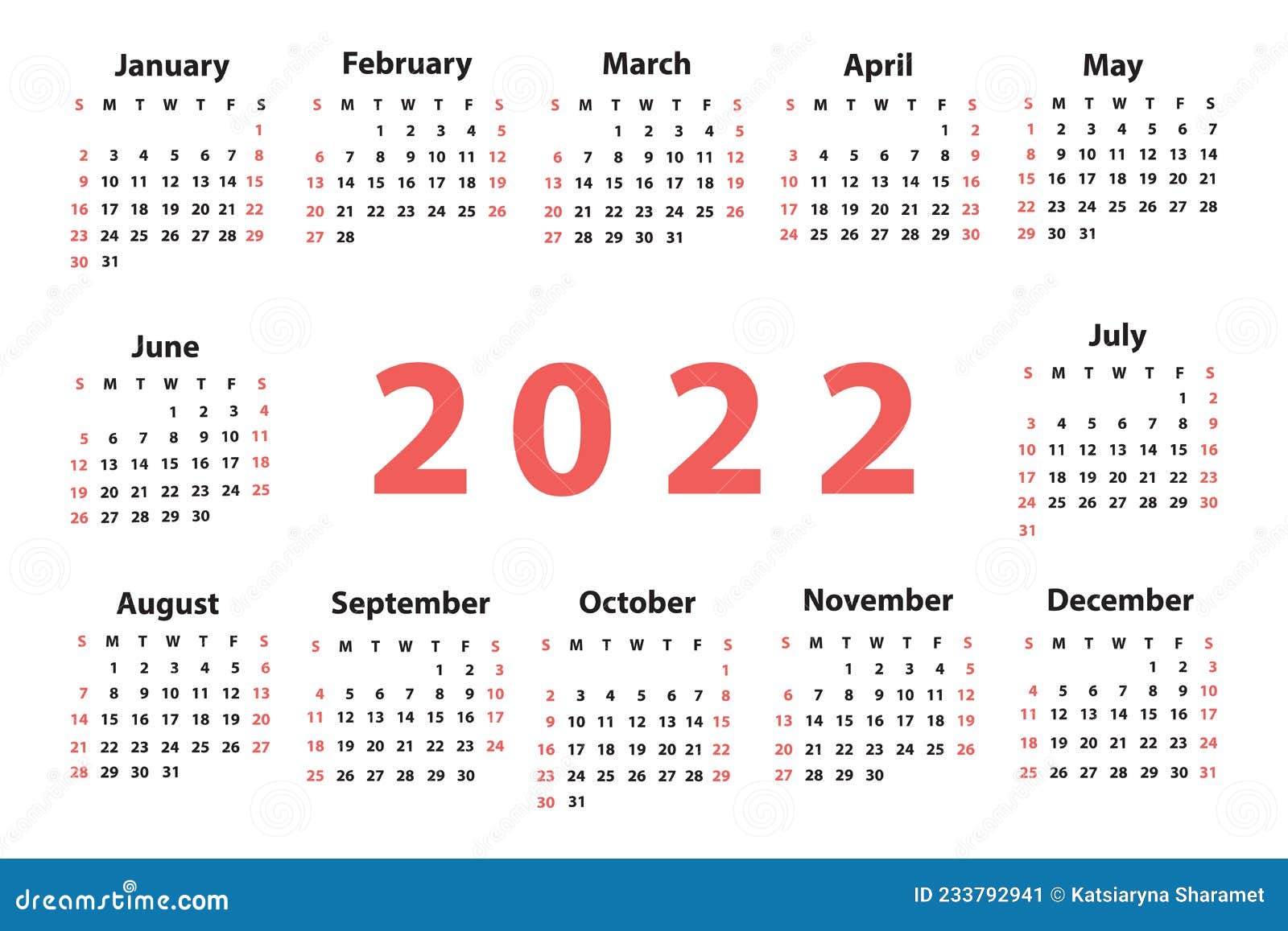 Calendar 2022 Starting from Sunday. Vector Illustration Stock Vector ...