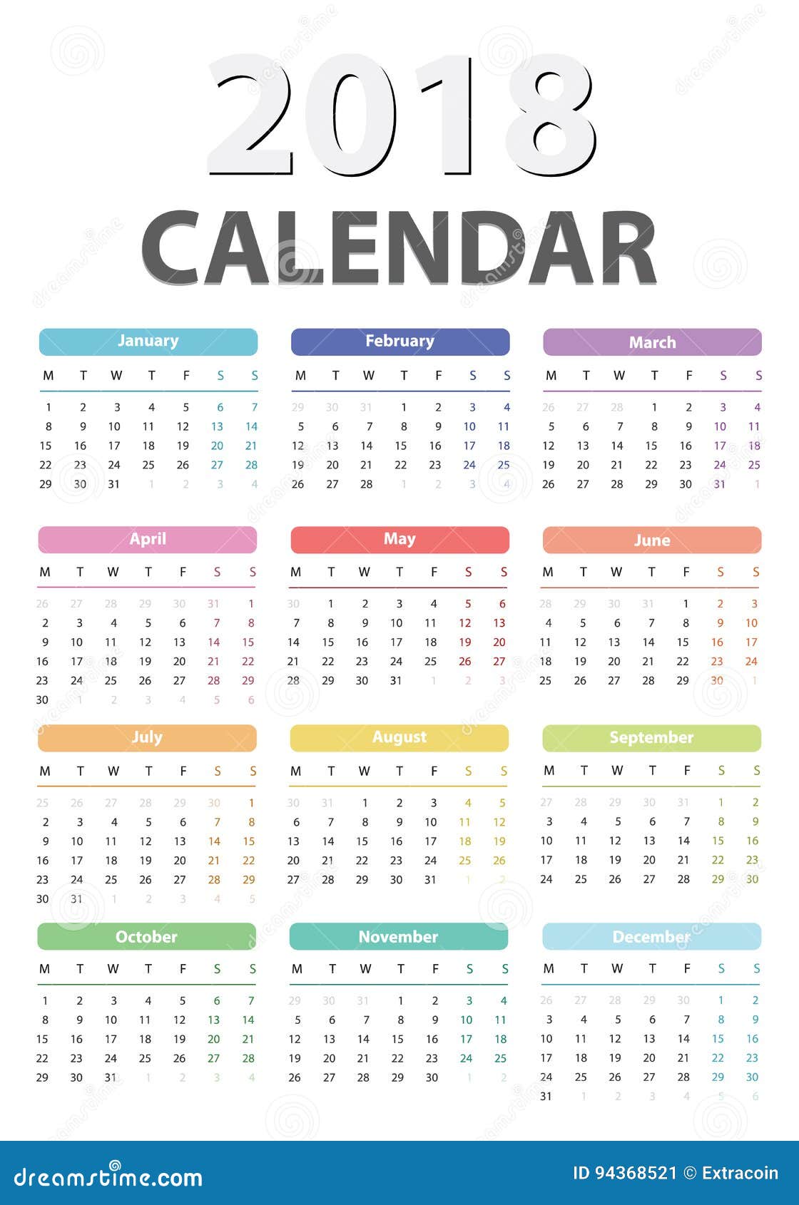 Calendar for 2018 Starts Monday, Vector Calendar Design 2018 Year Stock ...
