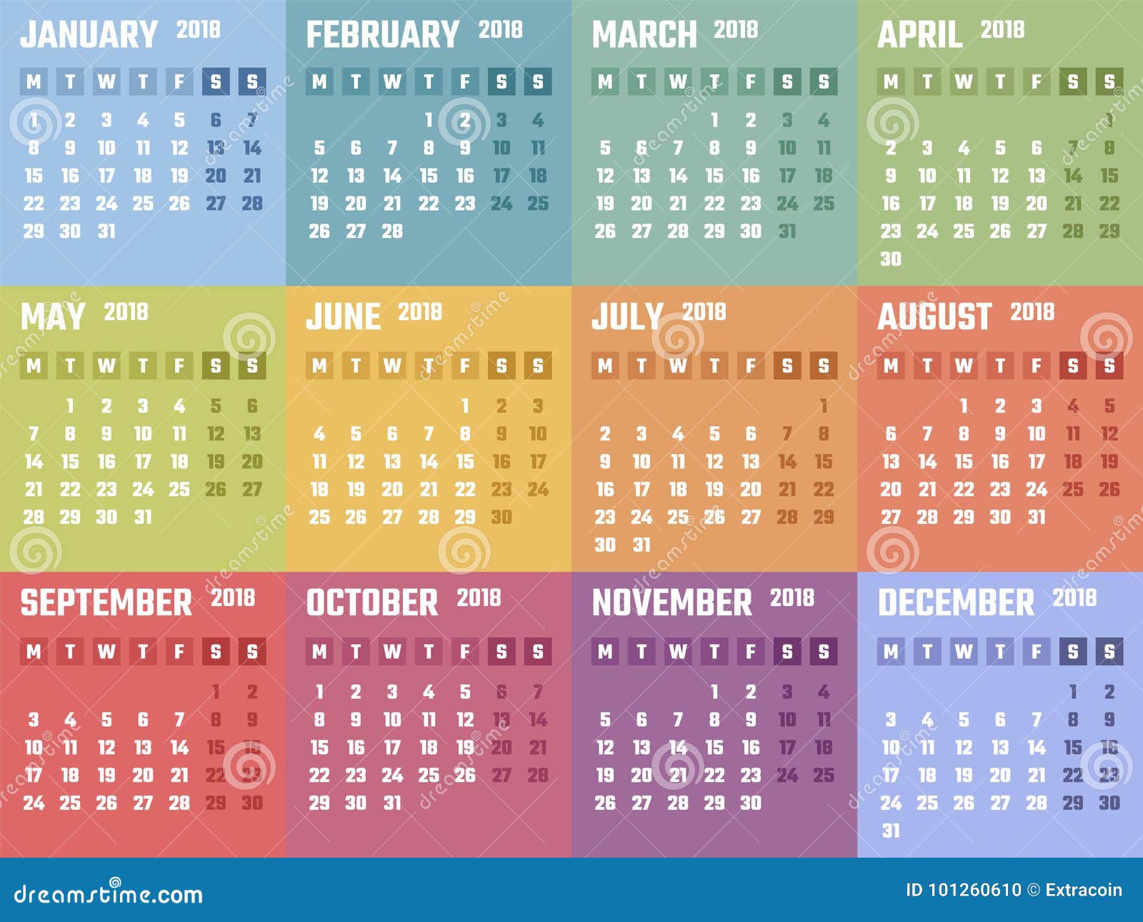 Calendar for 2018 Starts Monday, Vector Calendar Design 2018 Year Stock ...