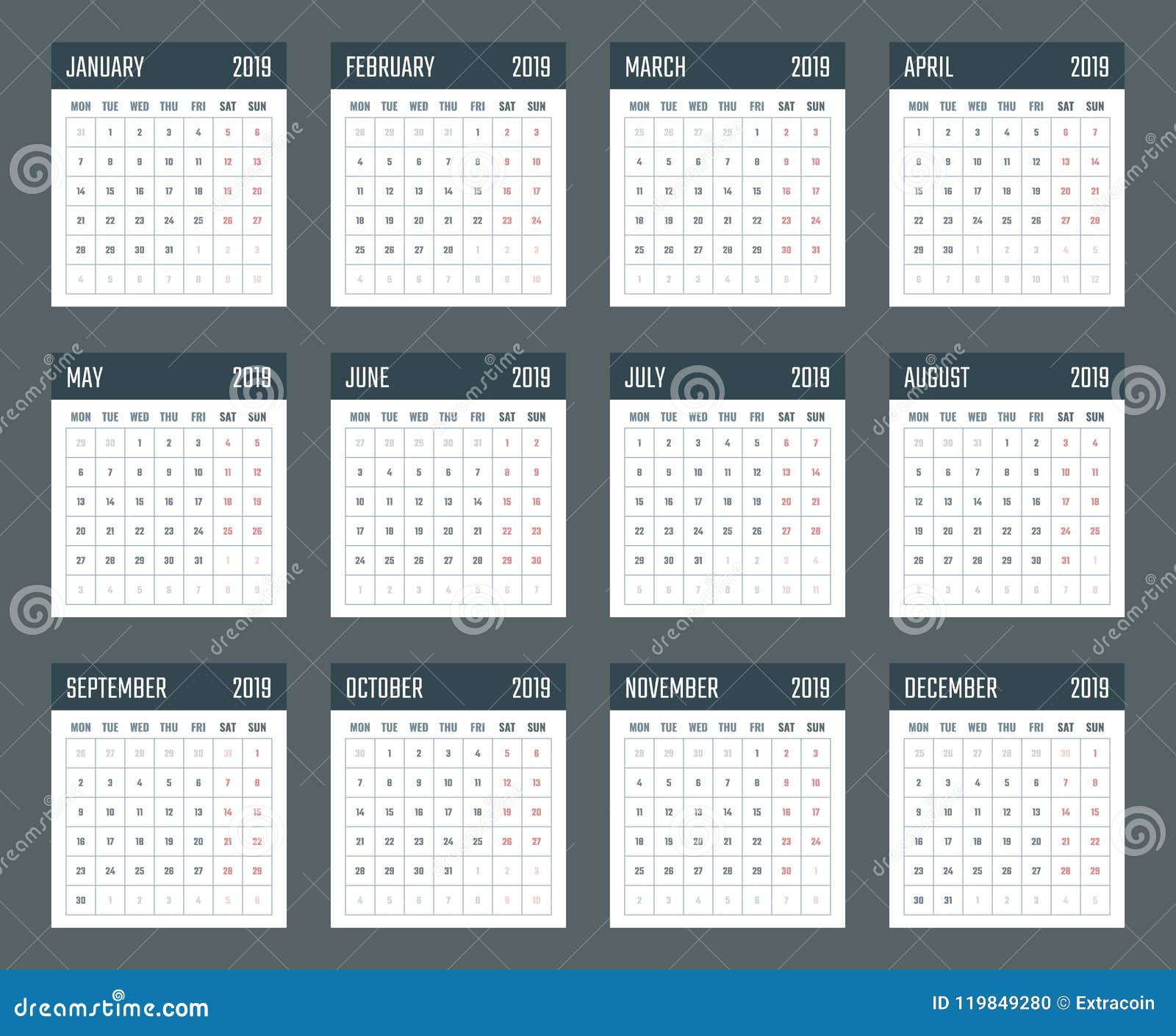 Calendar for 2019 Starts Monday, Vector Calendar Design 2018 Year Stock ...