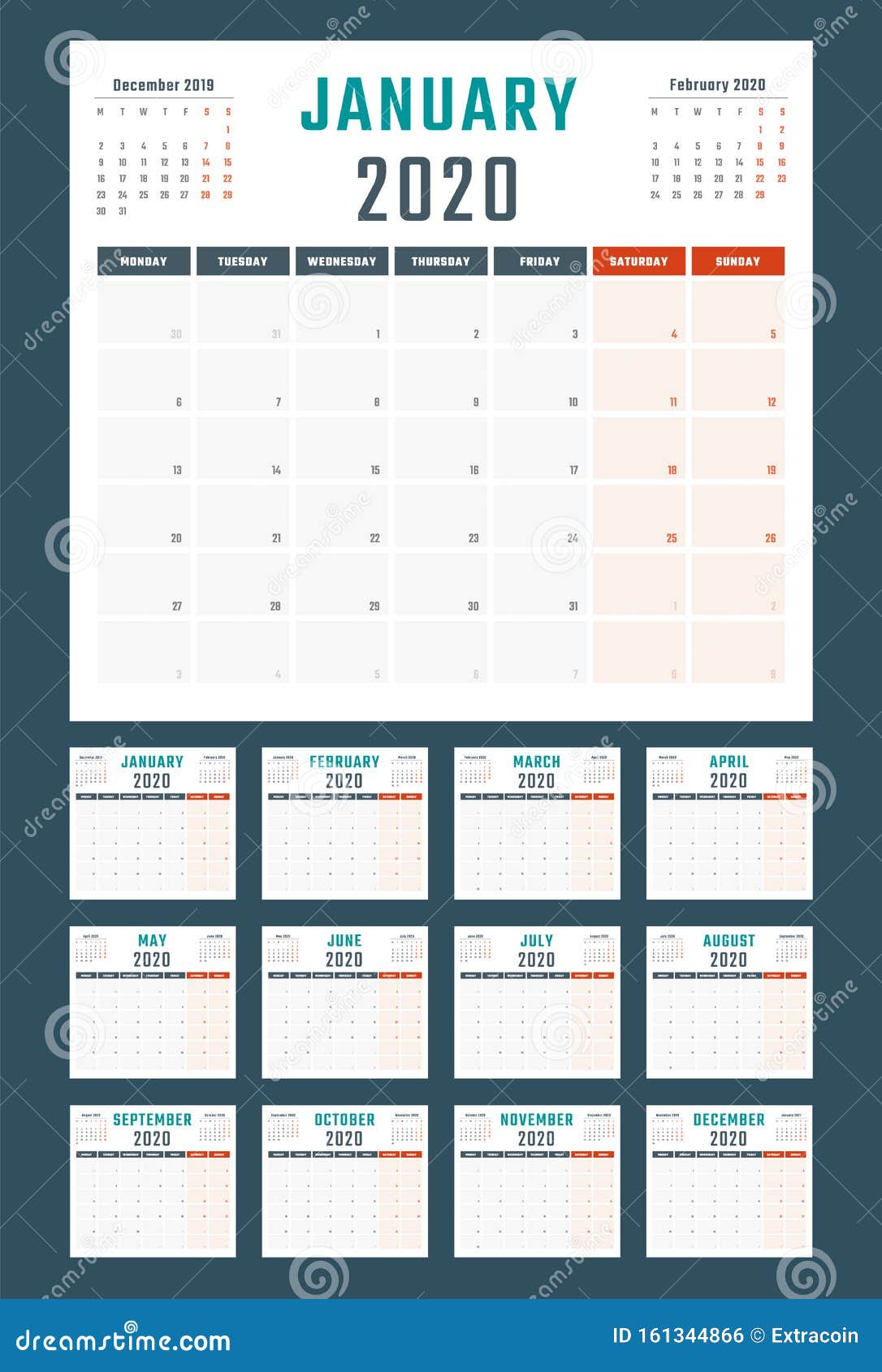 Calendar for 2020 Starts Monday, Vector Calendar Design 2020 Year Stock ...