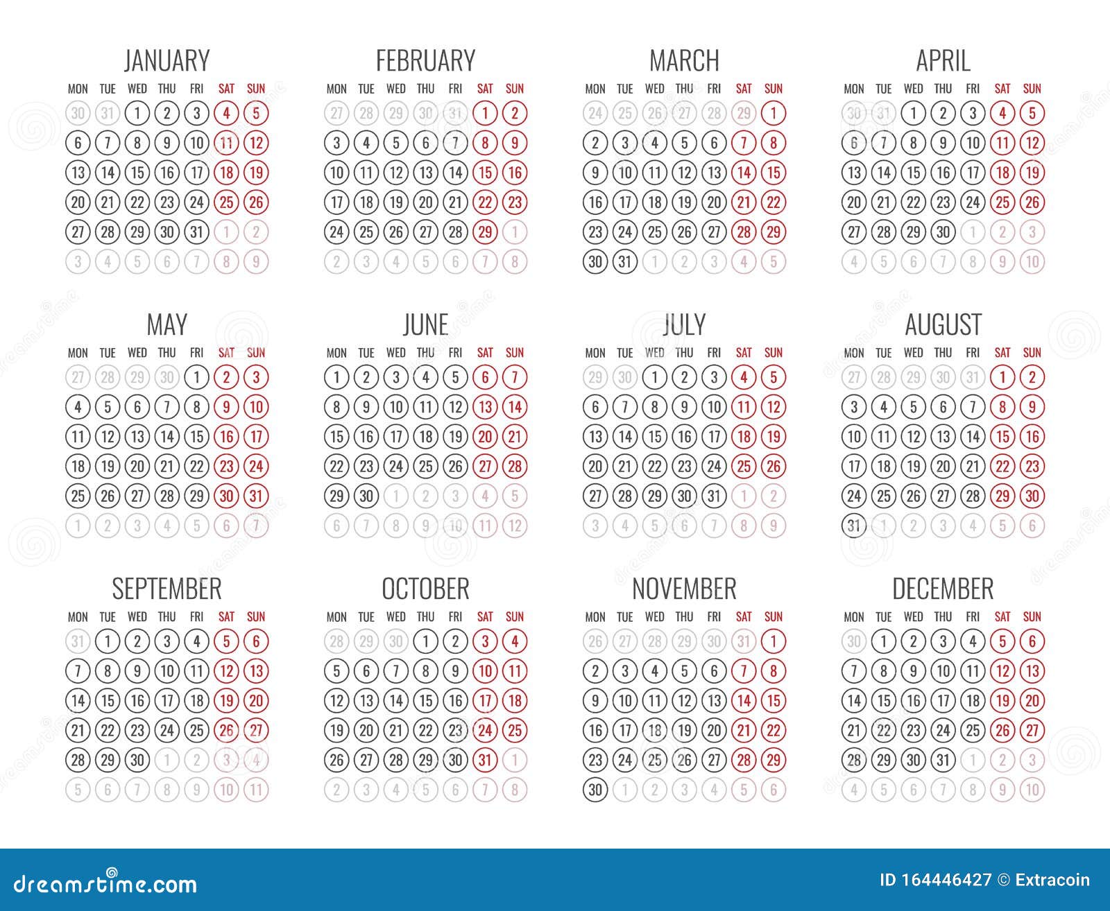 Calendar for 2020 Starts Monday, Vector Calendar Design 2020 Year Stock ...