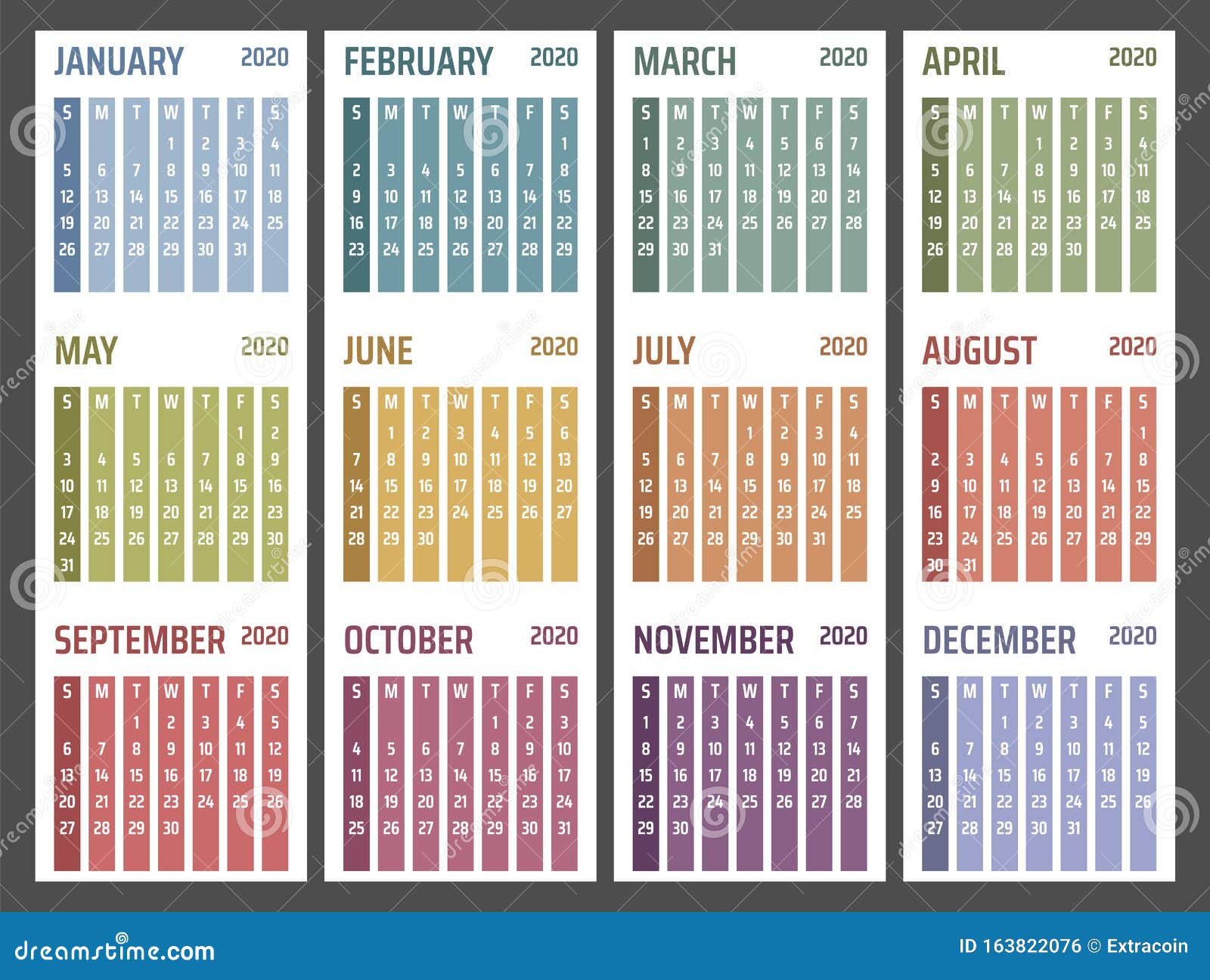 Calendar for 2020 Starts Sunday, Vector Calendar Design 2020 Year Stock ...