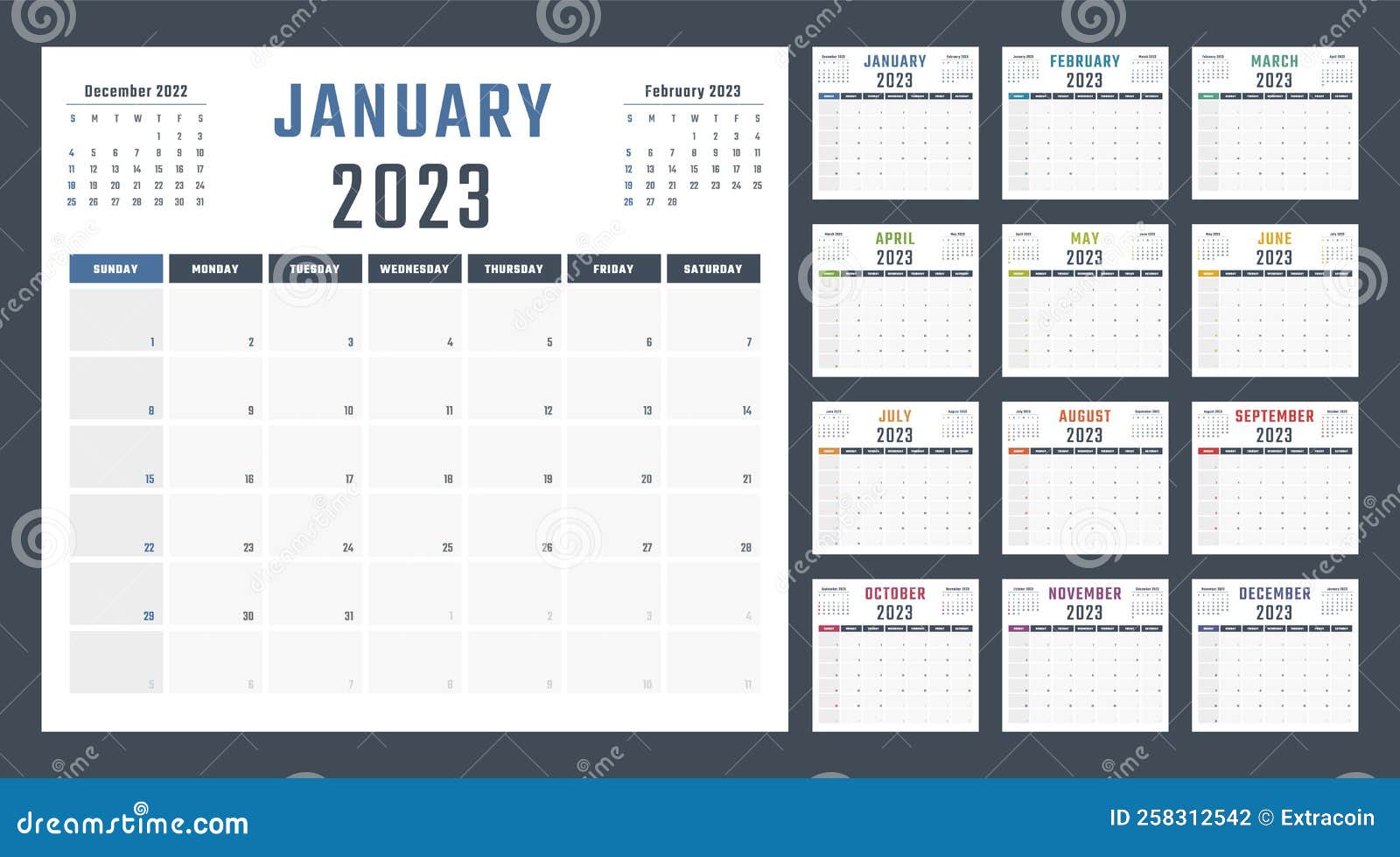 Calendar for 2023 Starts Sunday, Vector Calendar Design 2023 Year Stock ...