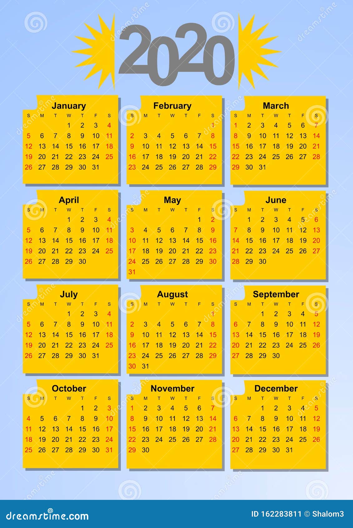Calendar 2020 in Sun Colors, Months in Yellow Frames on Light Blue ...
