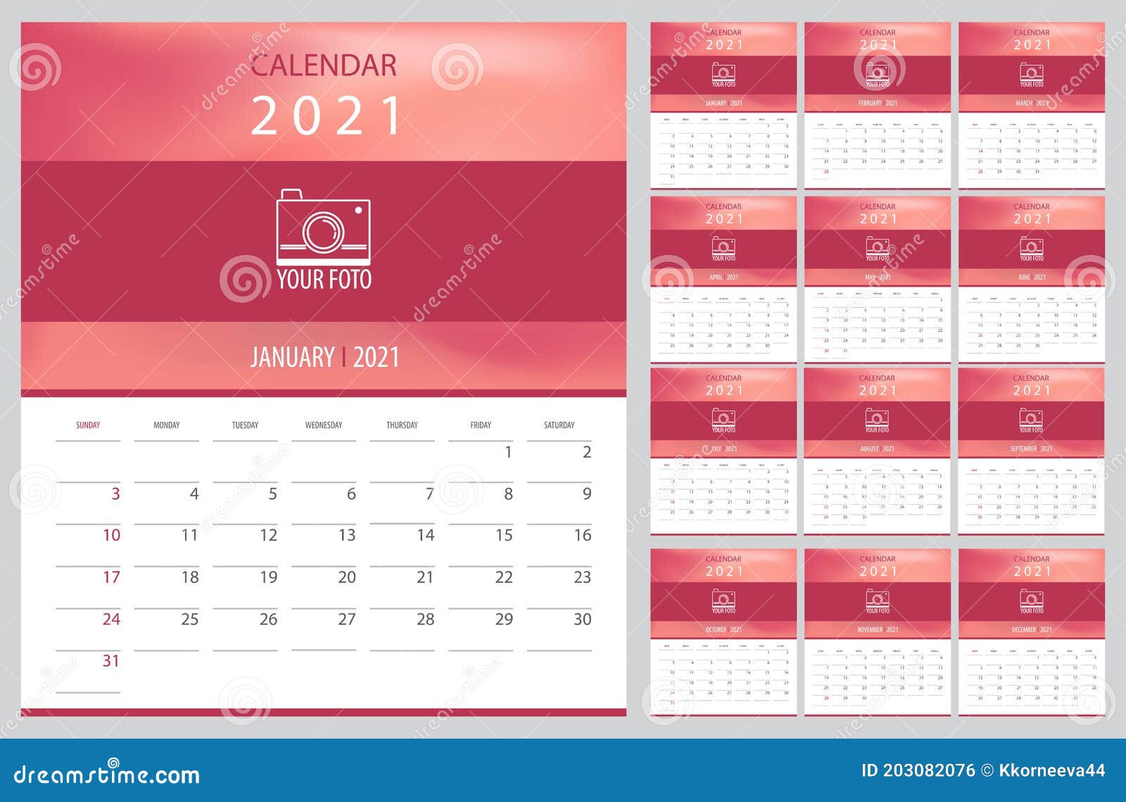 Calendar 2021, Sunday Week Start, Planner Template, Vector Illustration ...