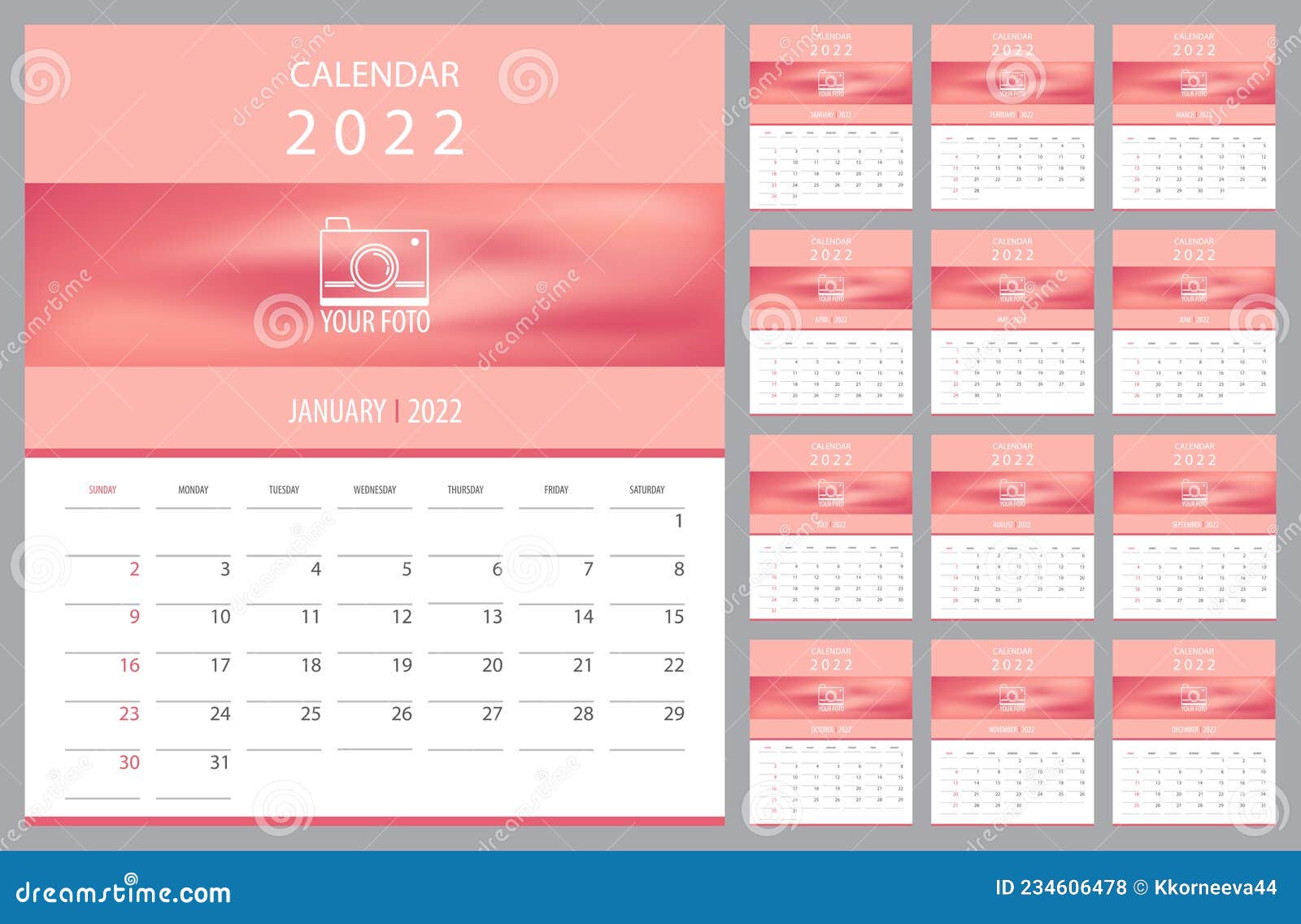 Calendar 2022, Sunday Week Start, Planner Template, Vector Illustration ...