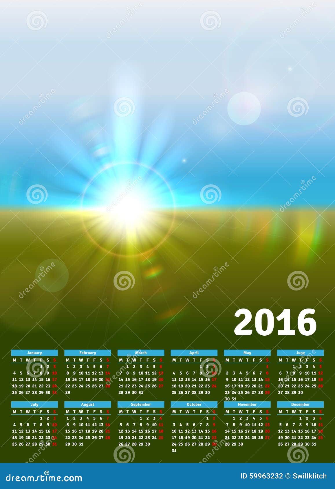 Calendar 2016 with Sunny Landscape Stock Vector - Illustration of ...
