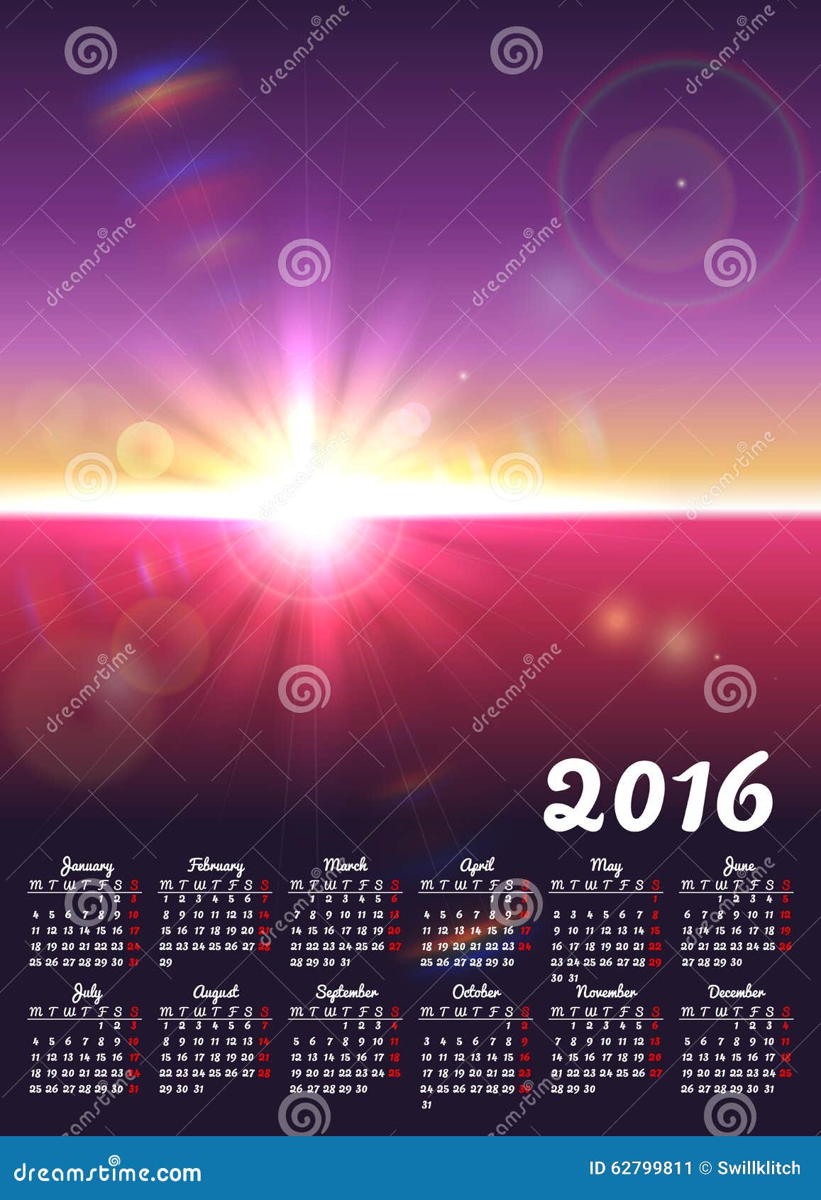 Calendar 2016 with Sunny Landscape Stock Vector - Illustration of ...