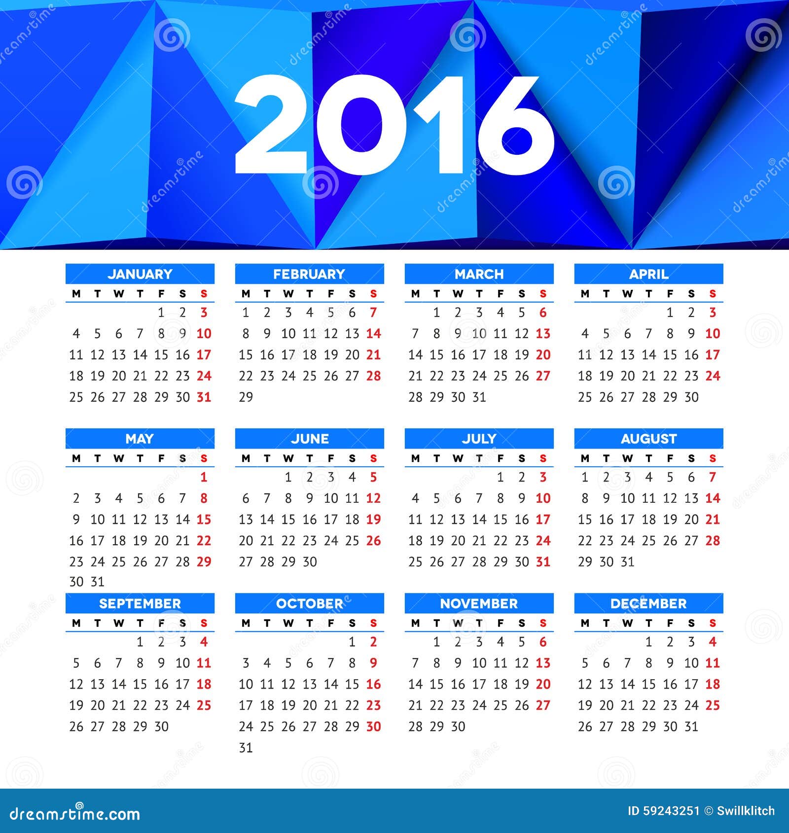 Calendar 2016 Template Design with Header Picture Stock Vector ...