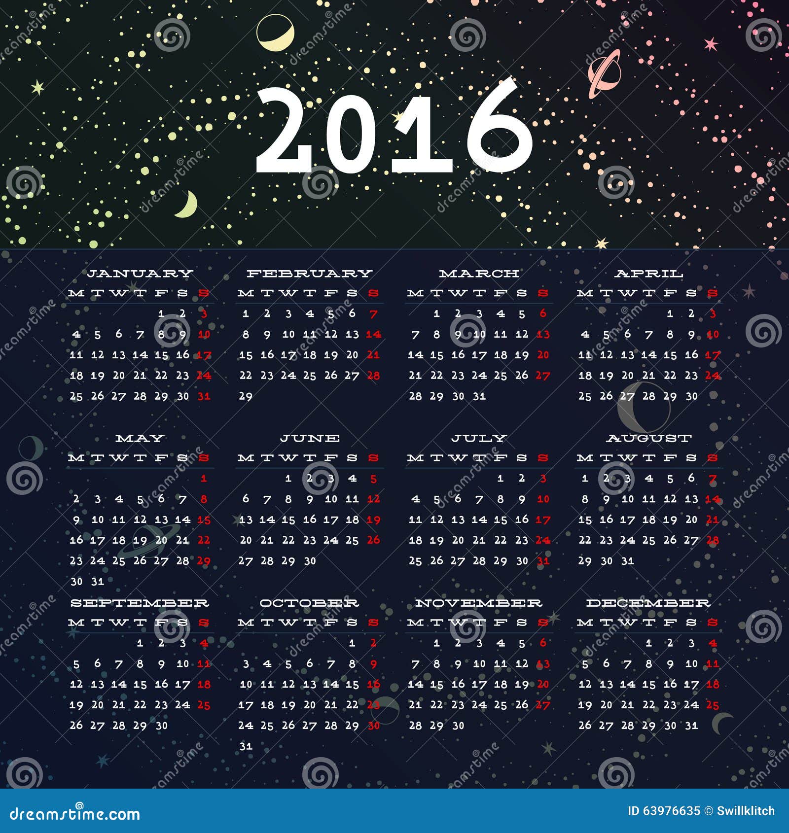 Calendar 2016 Template Design with Header Picture Starts Monday Stock ...