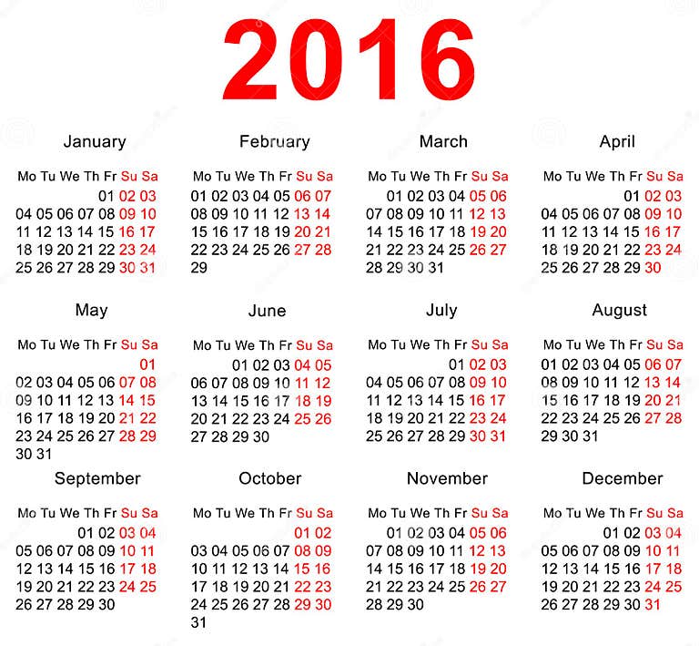 2016 Calendar Template. Horizontal Weeks Stock Vector - Illustration of ...