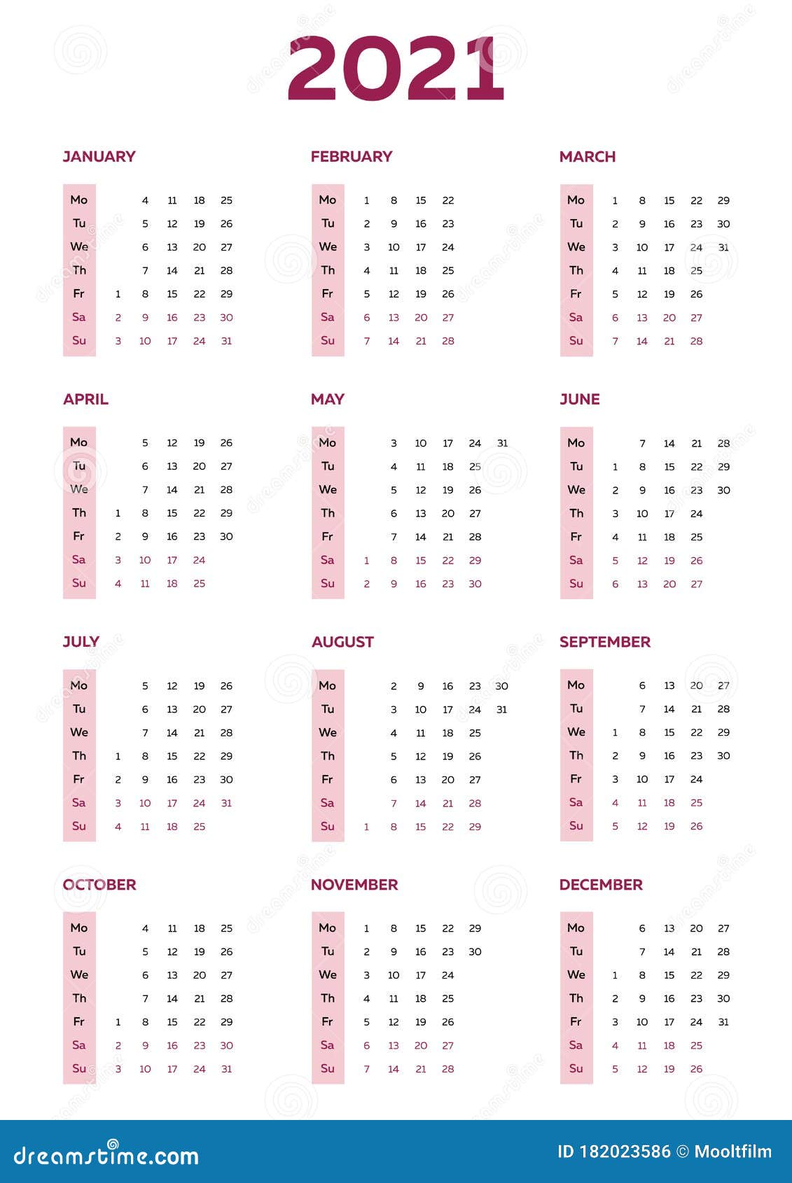 The 2021 Calendar Template with Left Oriented Columns Stock Vector ...