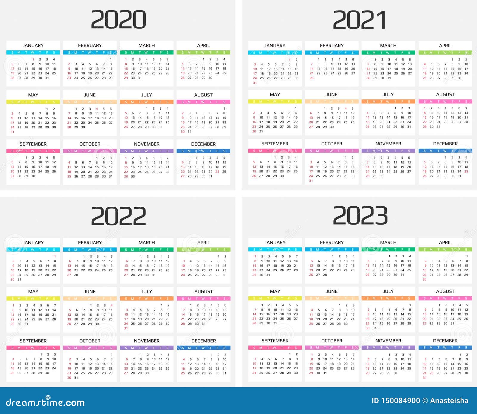 Calendar 2020, 2021, 2022, 2023 Template. 12 Months. Include Holiday ...