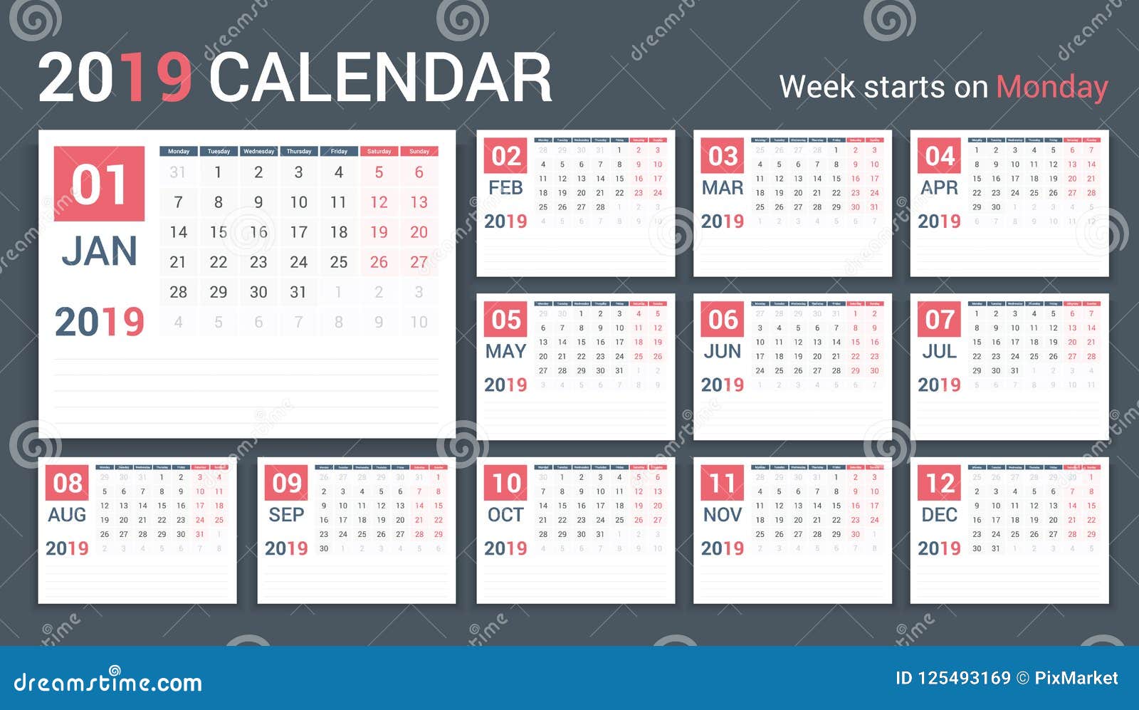 2019 Calendar stock vector. Illustration of week, season - 125493169
