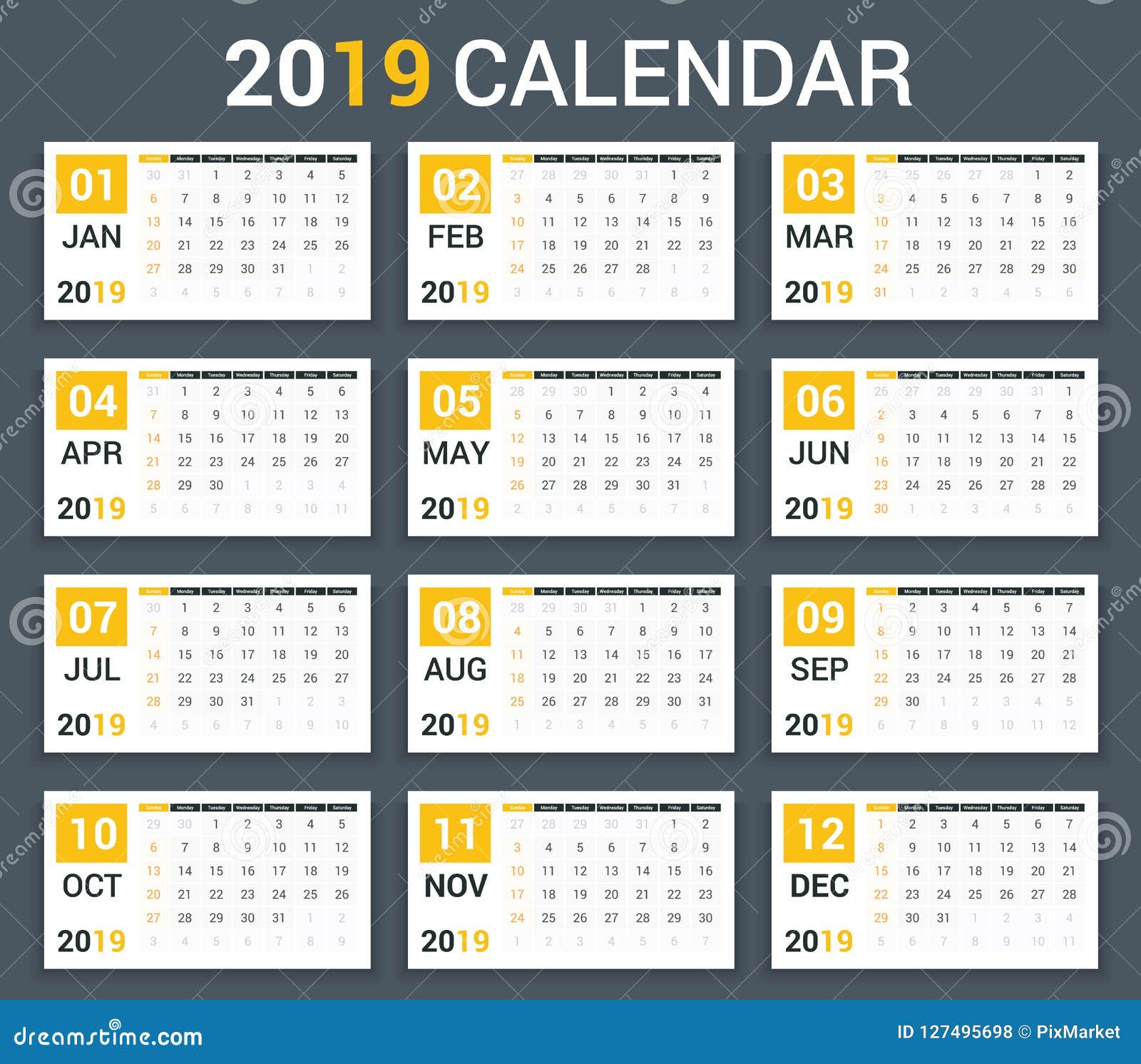 2019 Calendar Template.Calendar 2019 Set Of 12 Months.Yearly Cal Vector ...