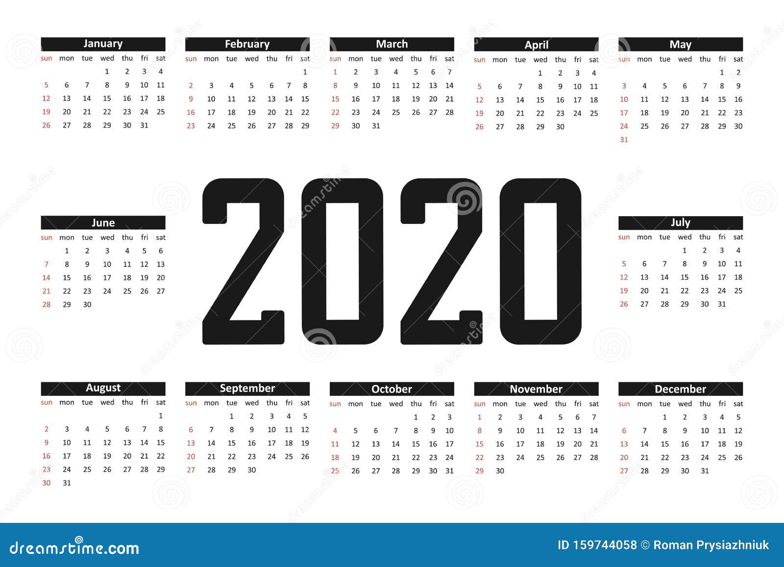 2020 Calendar Template. Simple Calendar Basic Grid, Week Starts on ...