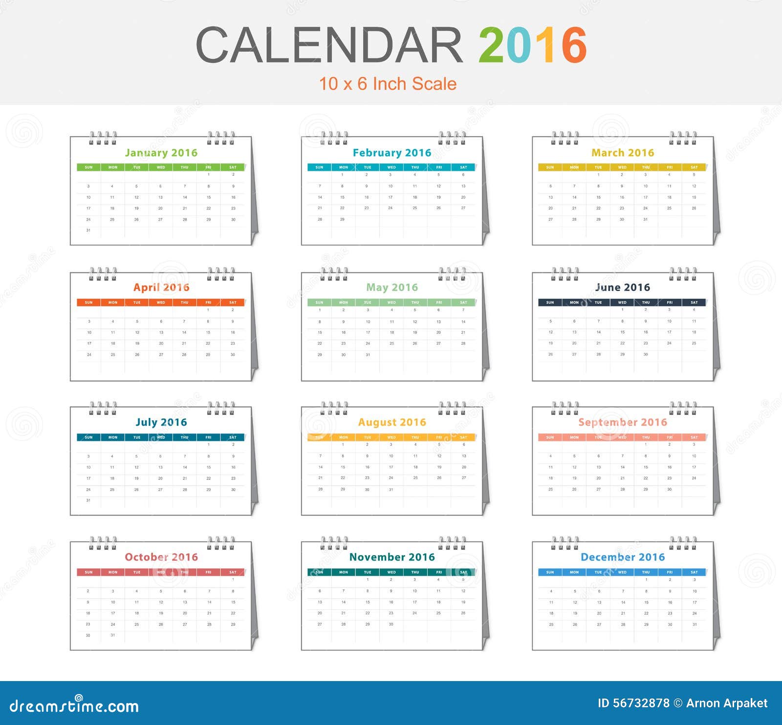 Calendar 2016 Template (vector Eps10) Size 10x6 Inch Scale Stock ...