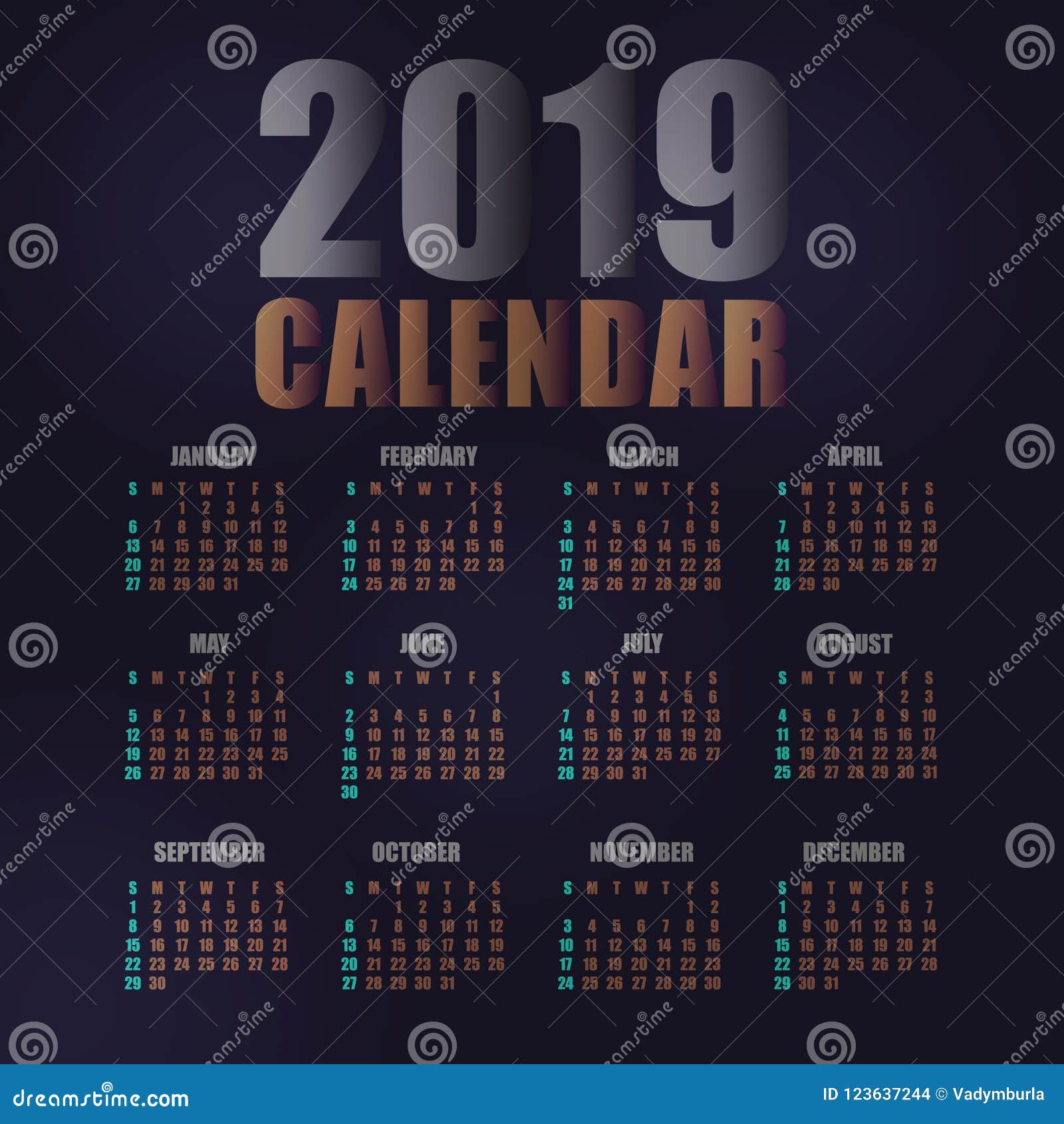 2019 Calendar Template Vector Illustration Stock Illustration ...