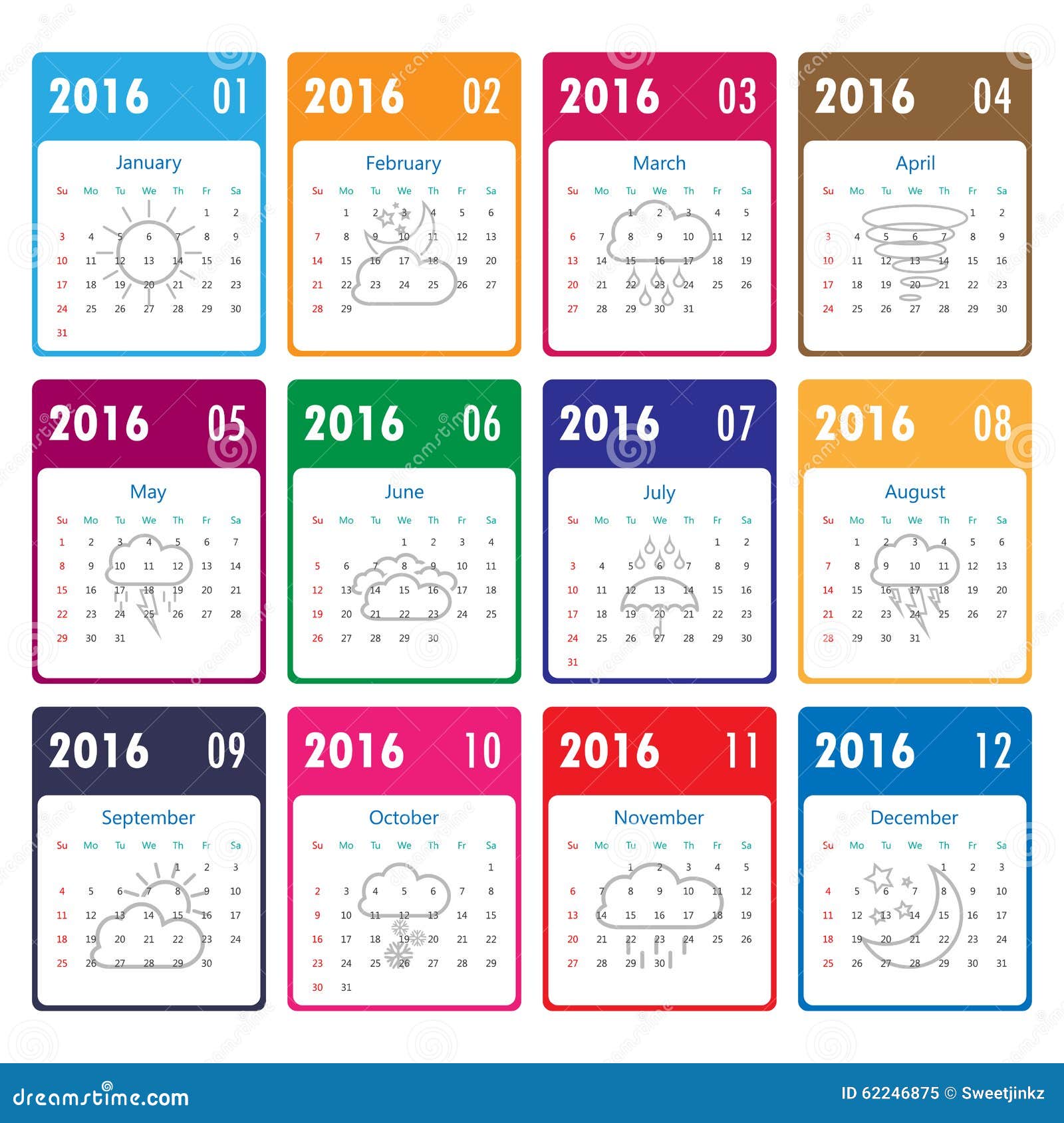 2016 Calendar Template with Weather Icon.Vector/illustration.2016 ...