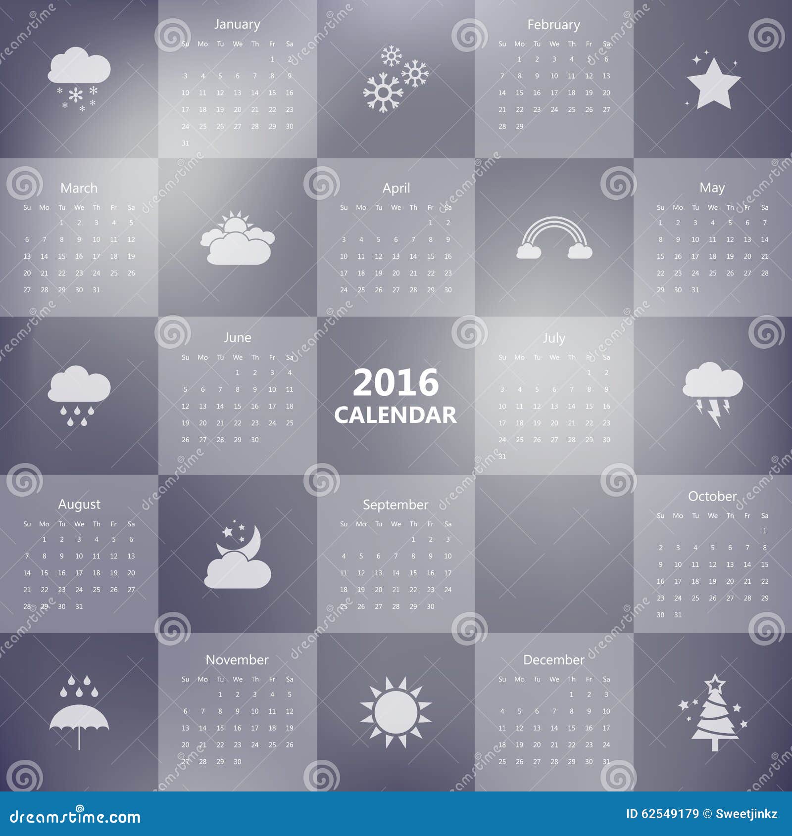 2016 Calendar Template with Weather Icon.Vector/illustration. Stock ...