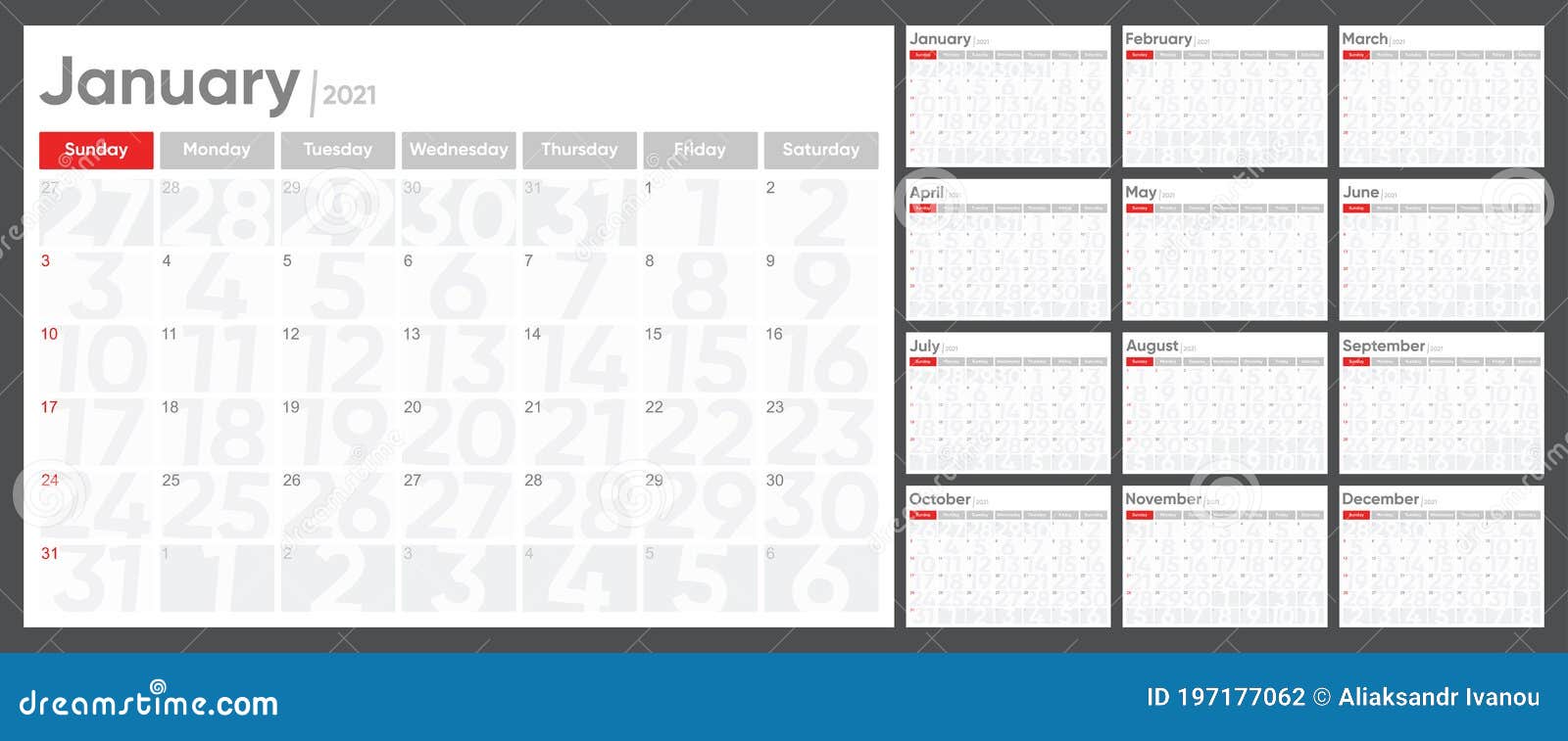 Calendar Template 2021. Week Start Sunday Corporate Design Planner ...