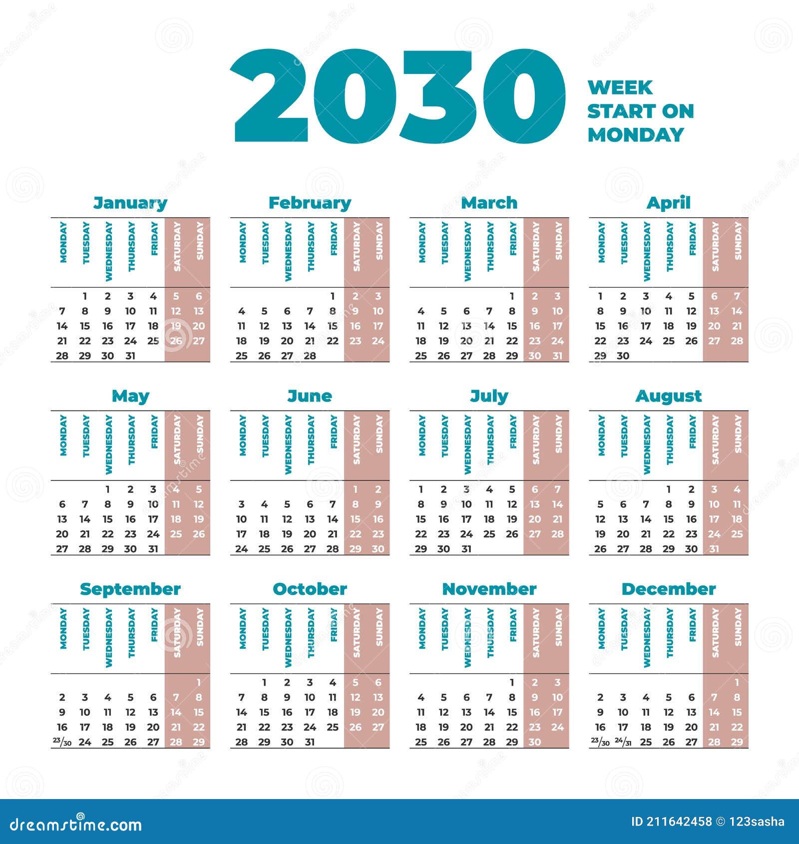 2030 Calendar Template with Weeks Start on Monday Stock Vector ...