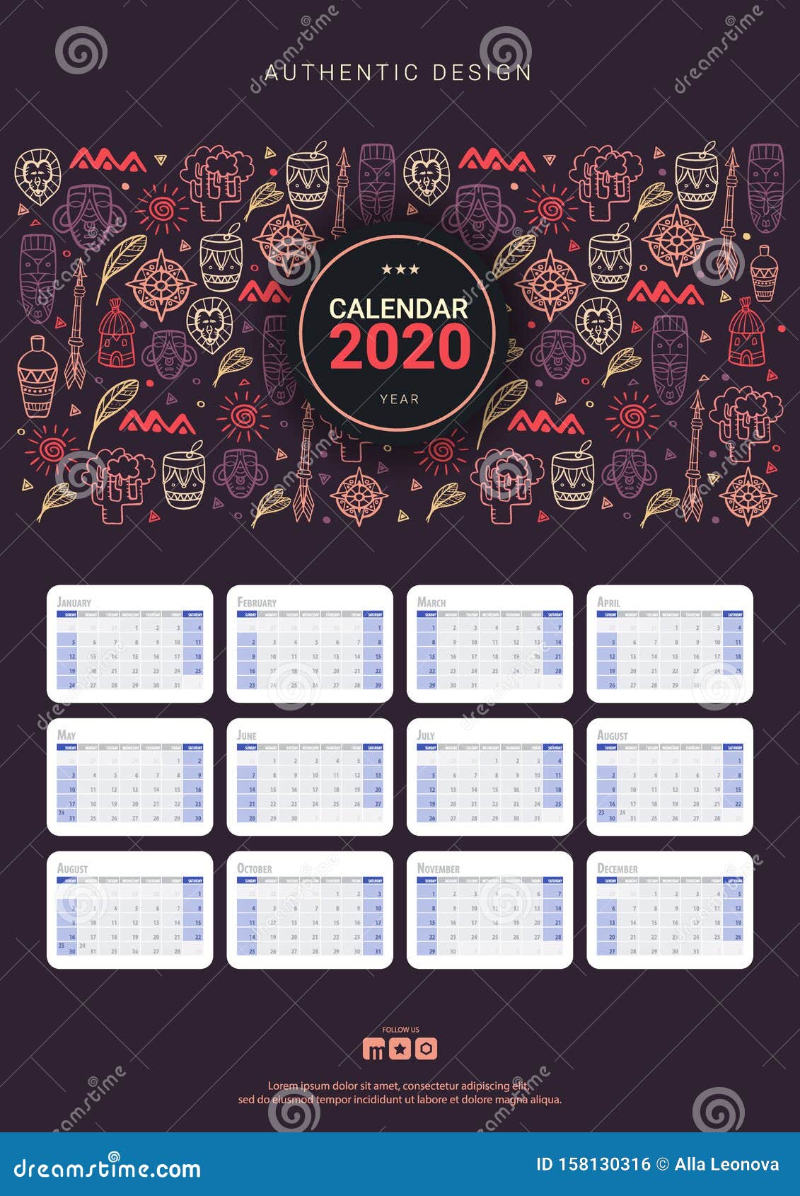 Calendar Template for 2020 Year with African Motive. Doodle Elements ...